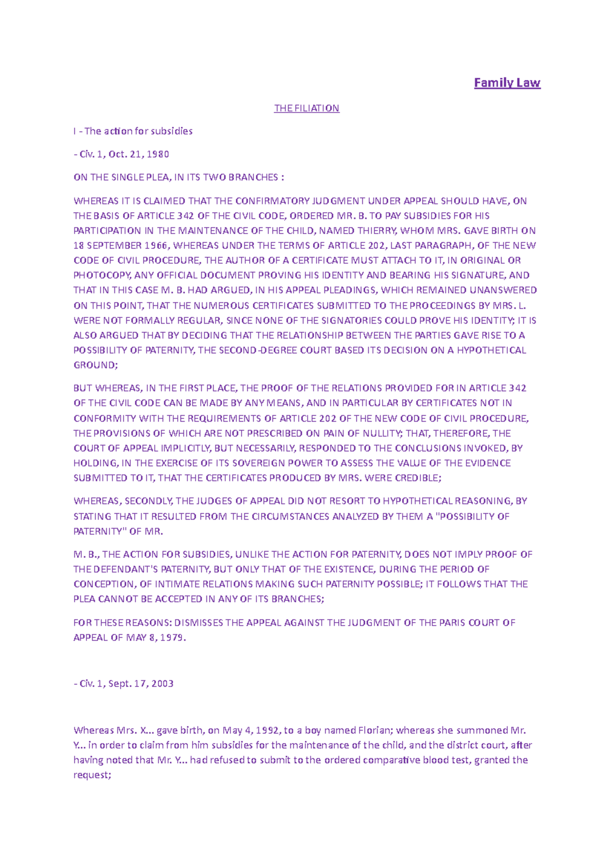 11 Family Law THE Filiation - Family Law THE FILIATION I - The action ...