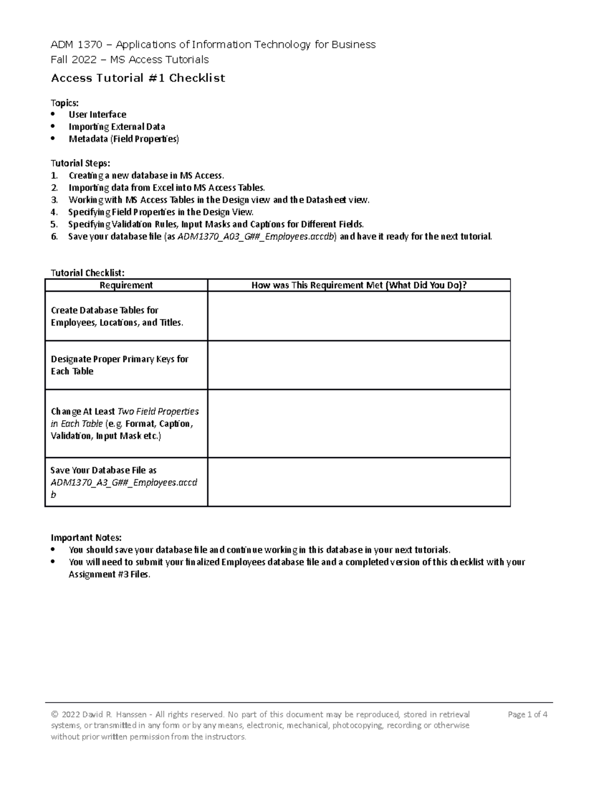 ADM1370 F22 Access Tutorial Checklists - Fall 2022 – MS Access ...