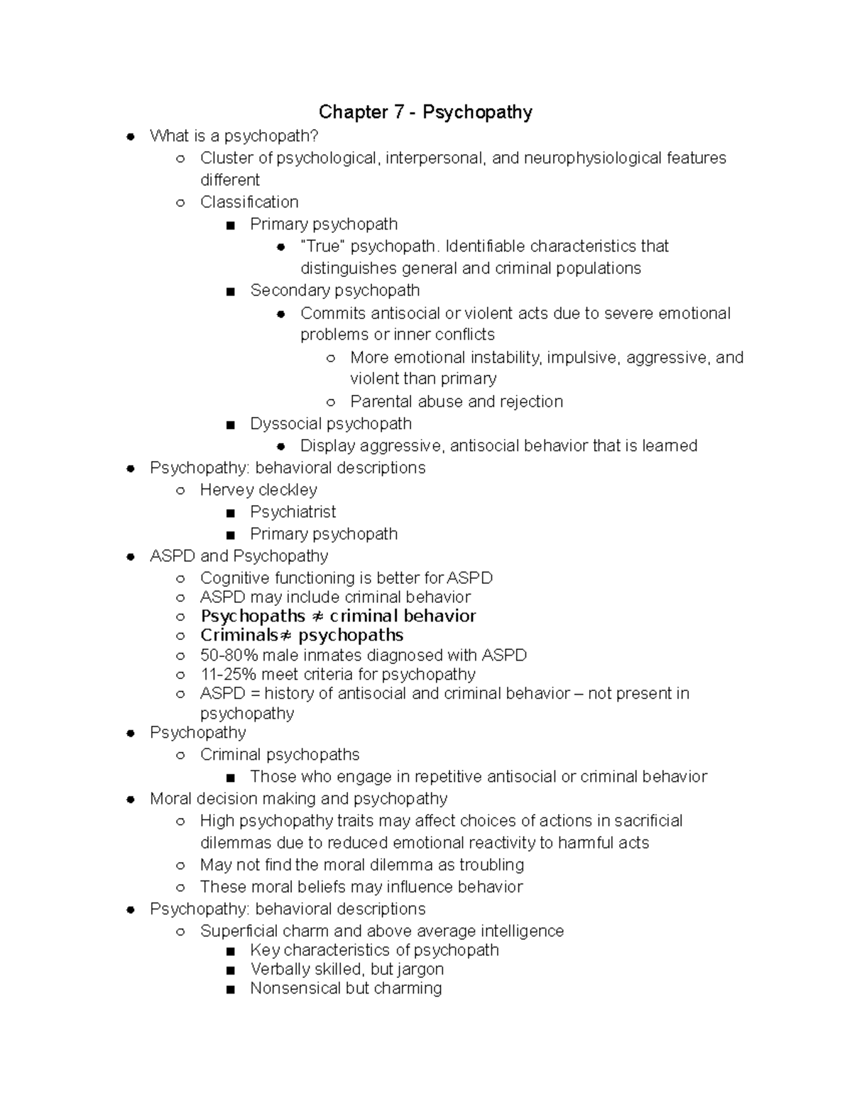Chapter 7 - Psychopathy Lecture Notes - Chapter 7 - Psychopathy What is ...
