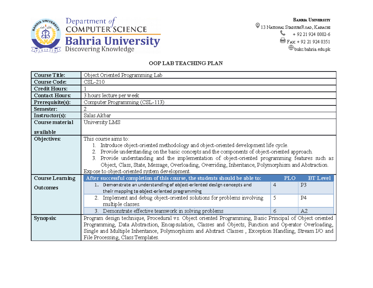 Sp22 Lab OOP Teaching plan 14032022 125359 pm - BAHRIA UNIVERSITY 13 ...