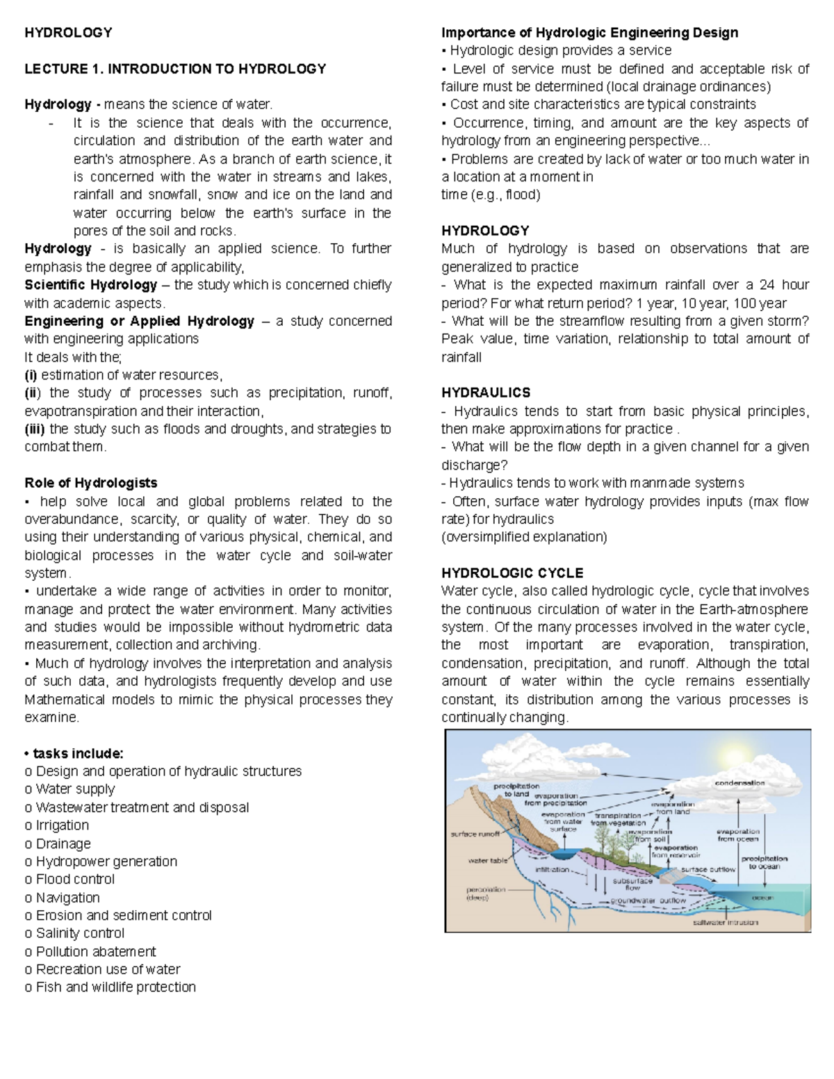 Hydrology reviewer - review well - HYDROLOGY LECTURE 1. INTRODUCTION TO ...
