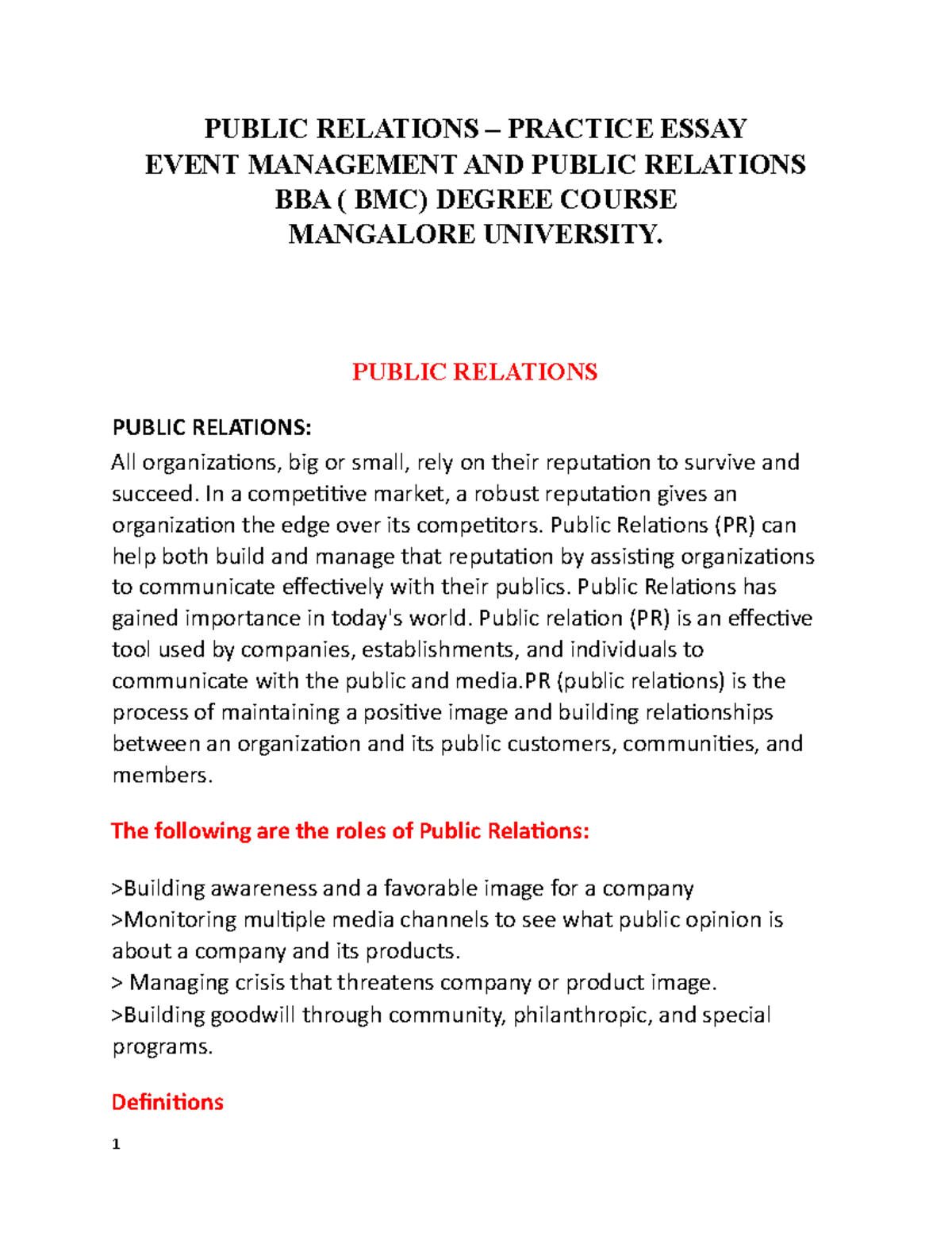Public Relations - PUBLIC RELATIONS – PRACTICE ESSAY EVENT MANAGEMENT AND PUBLIC RELATIONS BBA ...