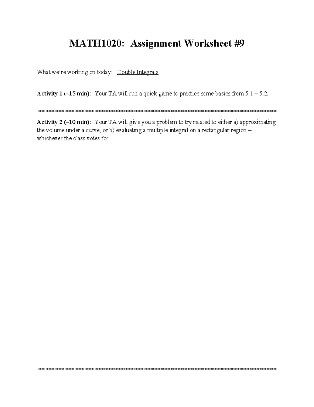 Tutorial Worksheet #9 - MATH1020U - MATH1020: Assignment Worksheet What ...