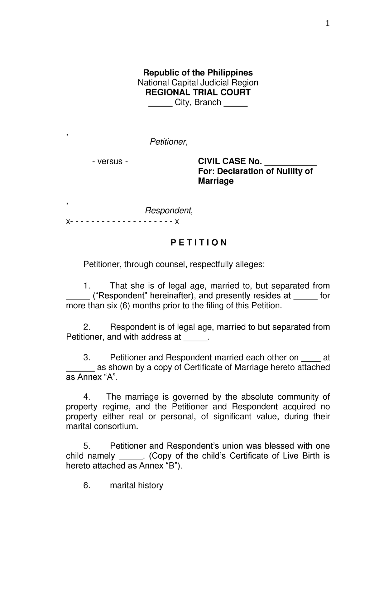 Pdfcoffee - Sample of an annulment petition - 1 Republic of the Philippines National Capital ...