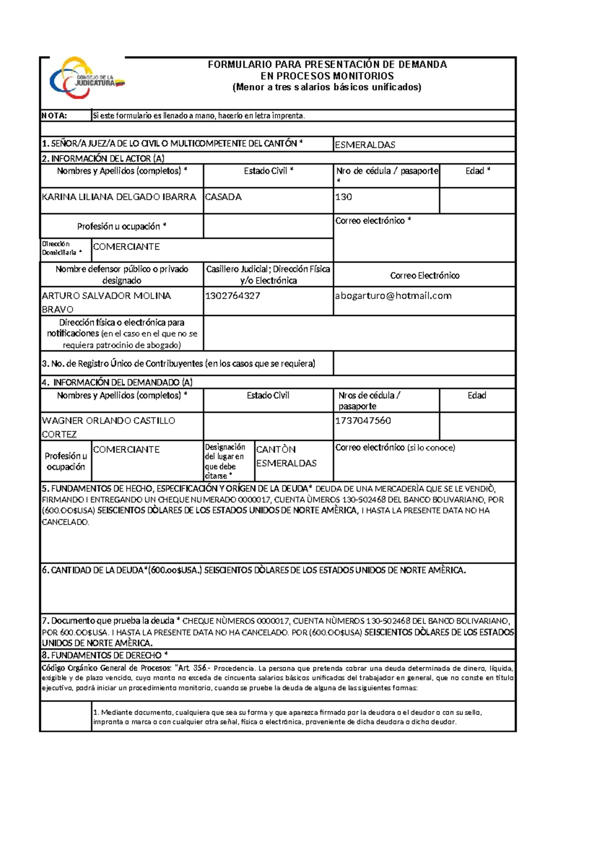 Formulario Proceso Monitoriol OK - FORMULARIO PARA PRESENTACIÓN DE DEMANDA EN PROCESOS ...