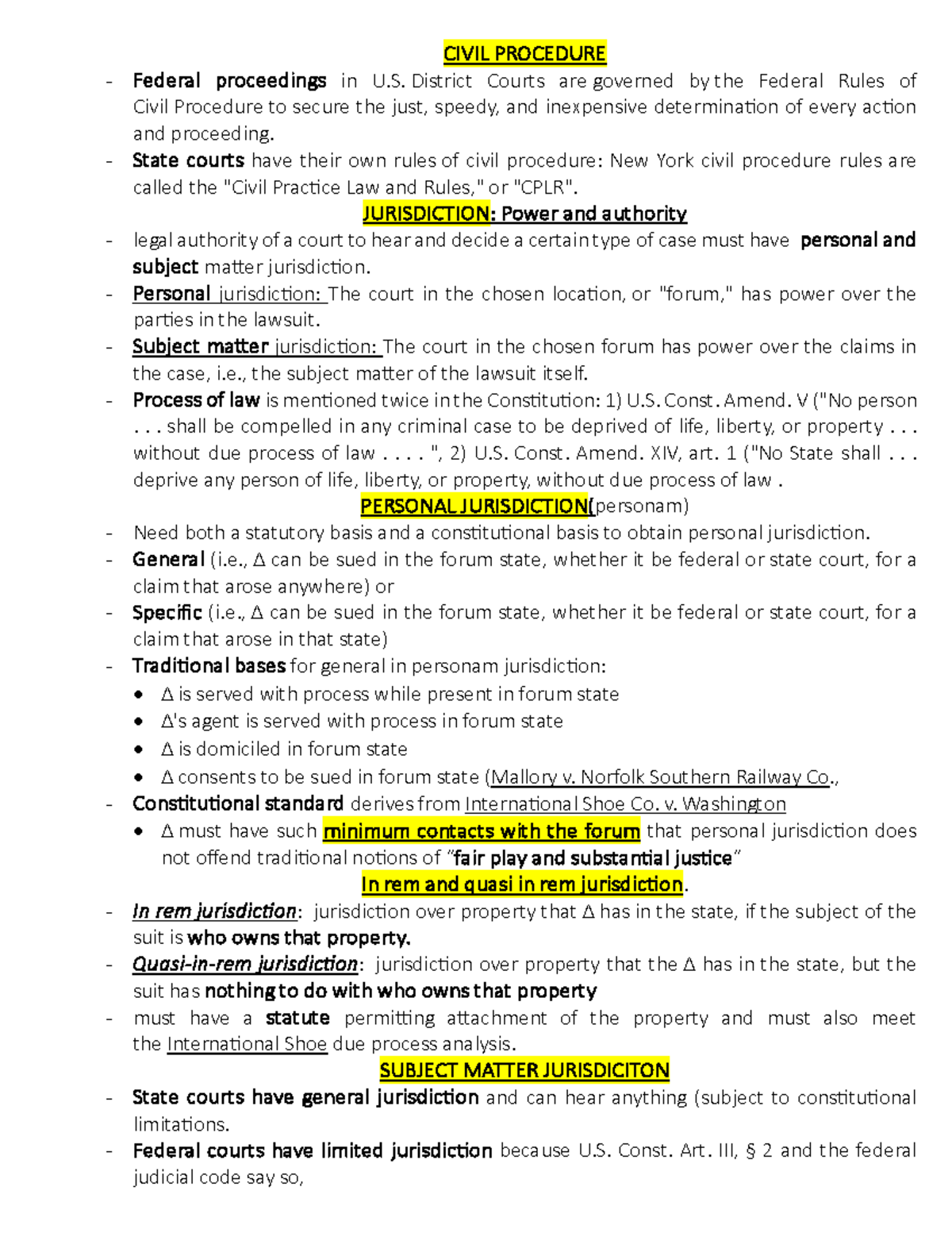 Outlining Civil Procedures - CIVIL PROCEDURE Federal proceedings in U ...