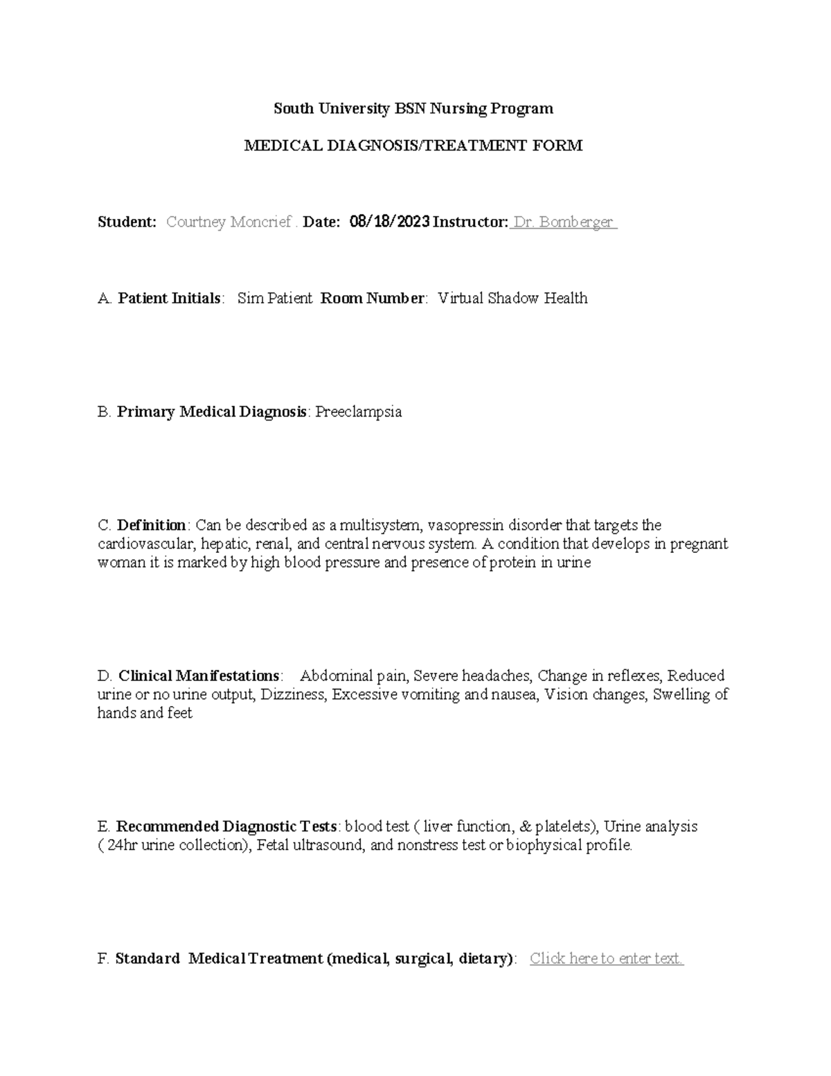 - Medical Diagnosis and treatment form - South University BSN Nursing ...
