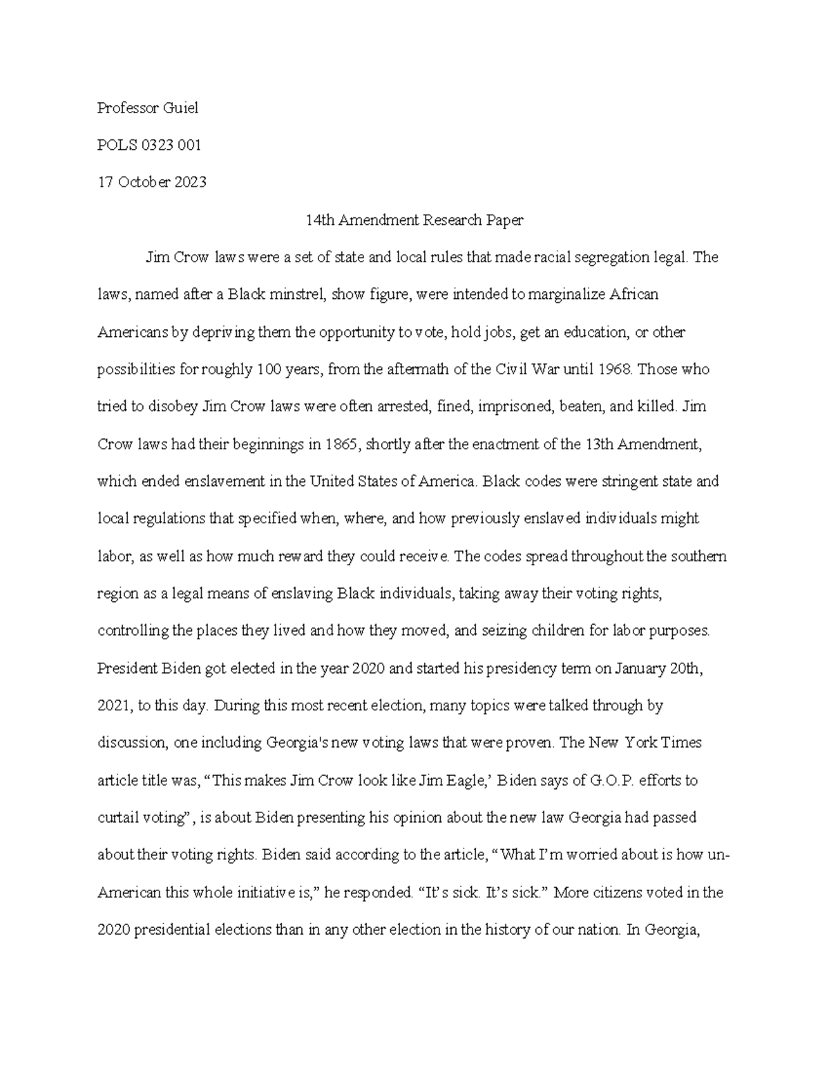 Research Paper 14th Amendment - Professor Guiel POLS 0323 001 17 ...