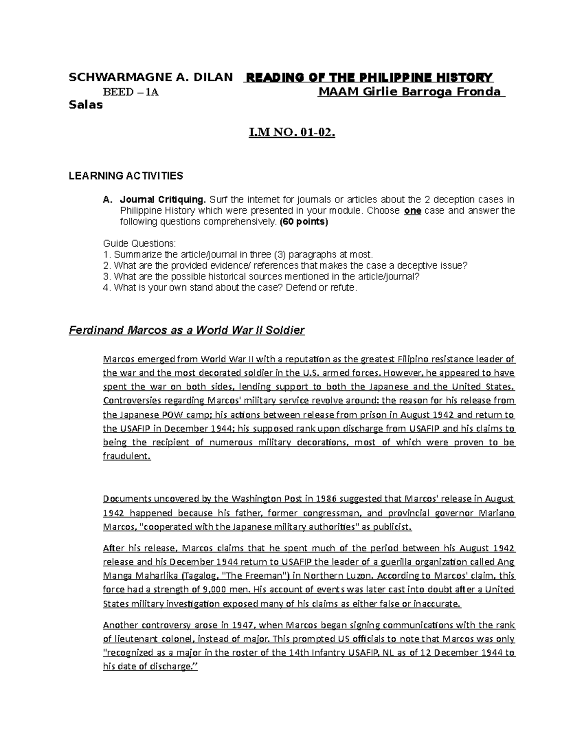 Readings in Philippine History Modules 1 and 2 - SCHWARMAGNE A. DILAN ...