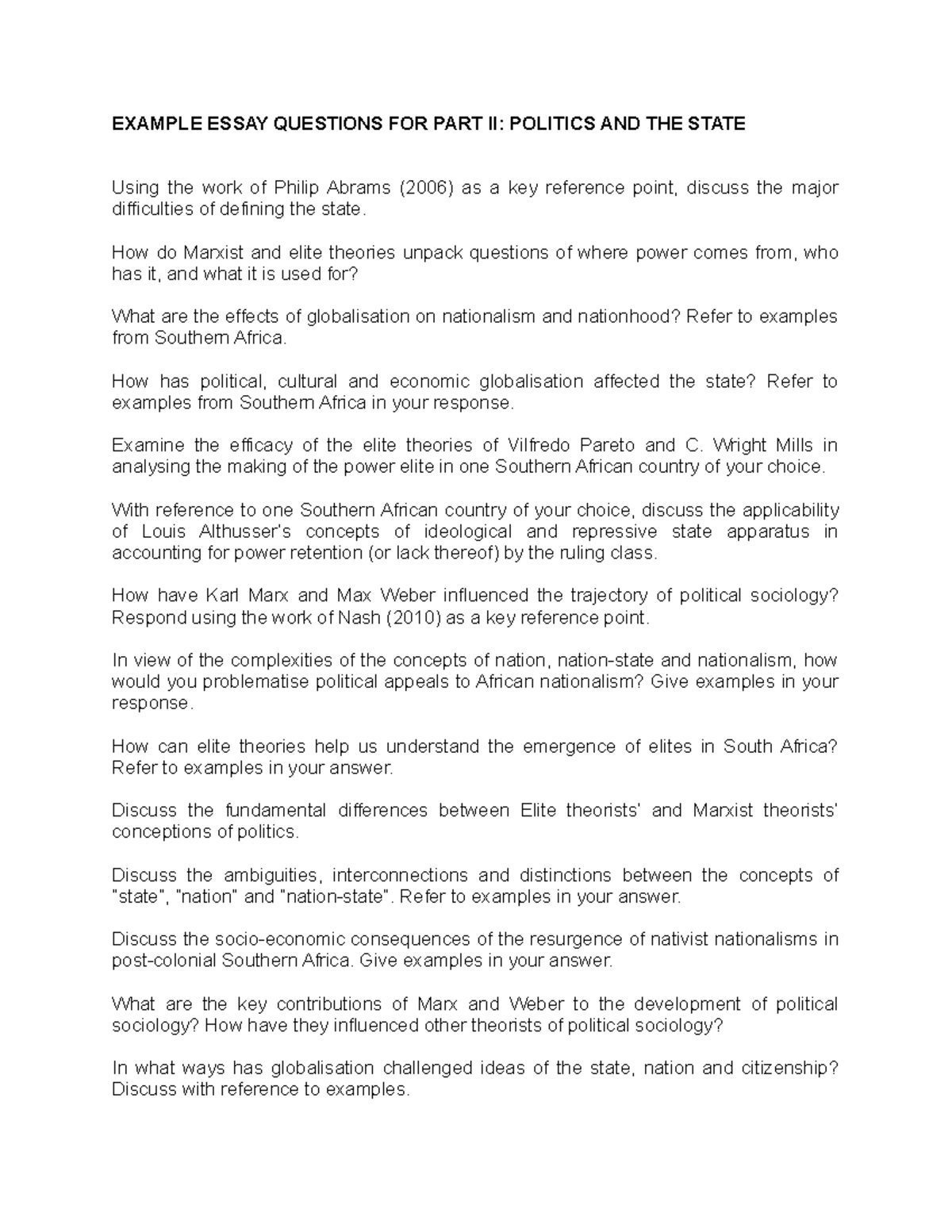 Example Essay Questions FOR EXAM EXAMPLE ESSAY QUESTIONS FOR PART