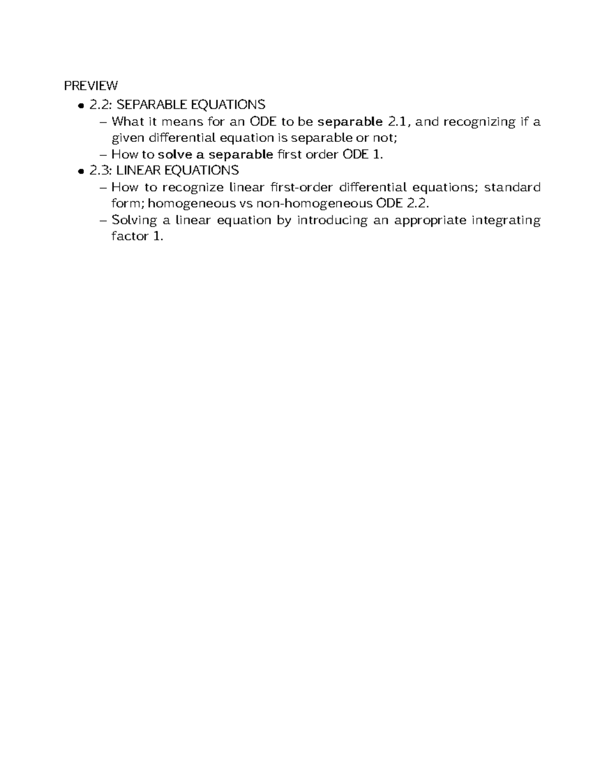 Math2860 Ode Lecture 2 1st Order Preview • 2 Separable Equations