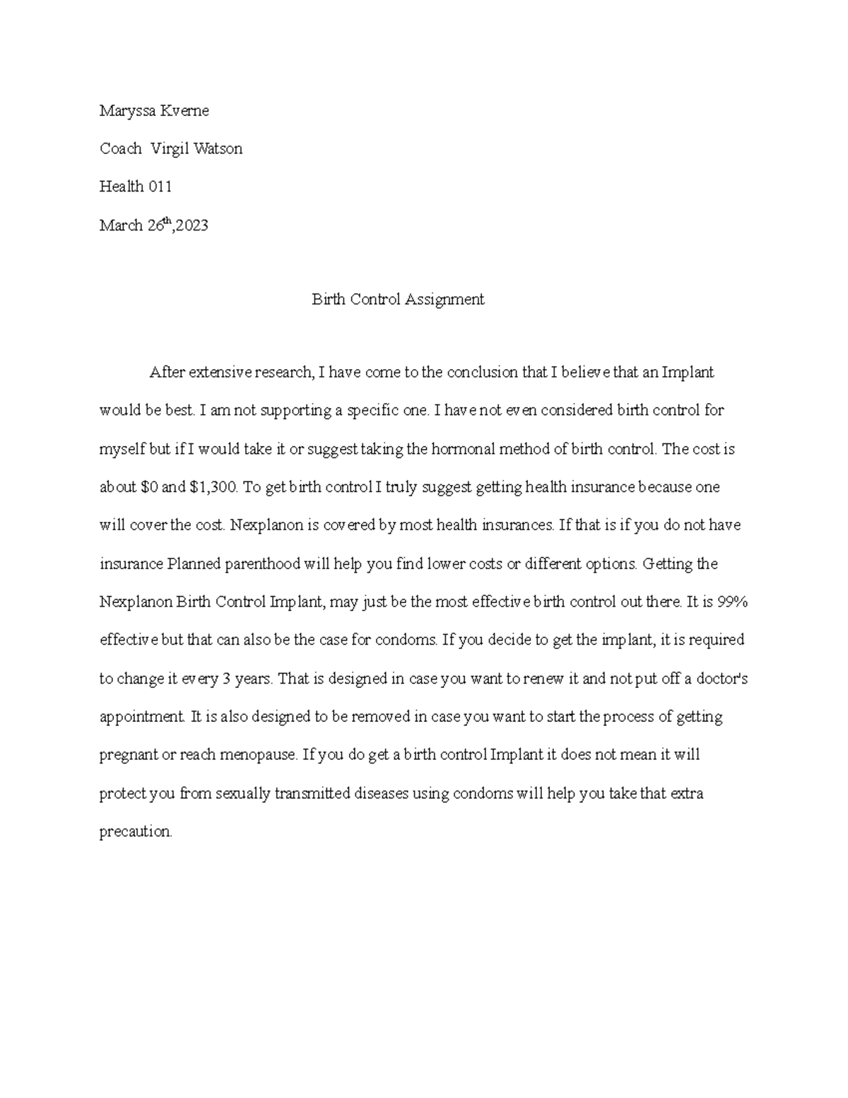 Birth Control Assignment - Maryssa Kverne Coach Virgil Watson Health ...