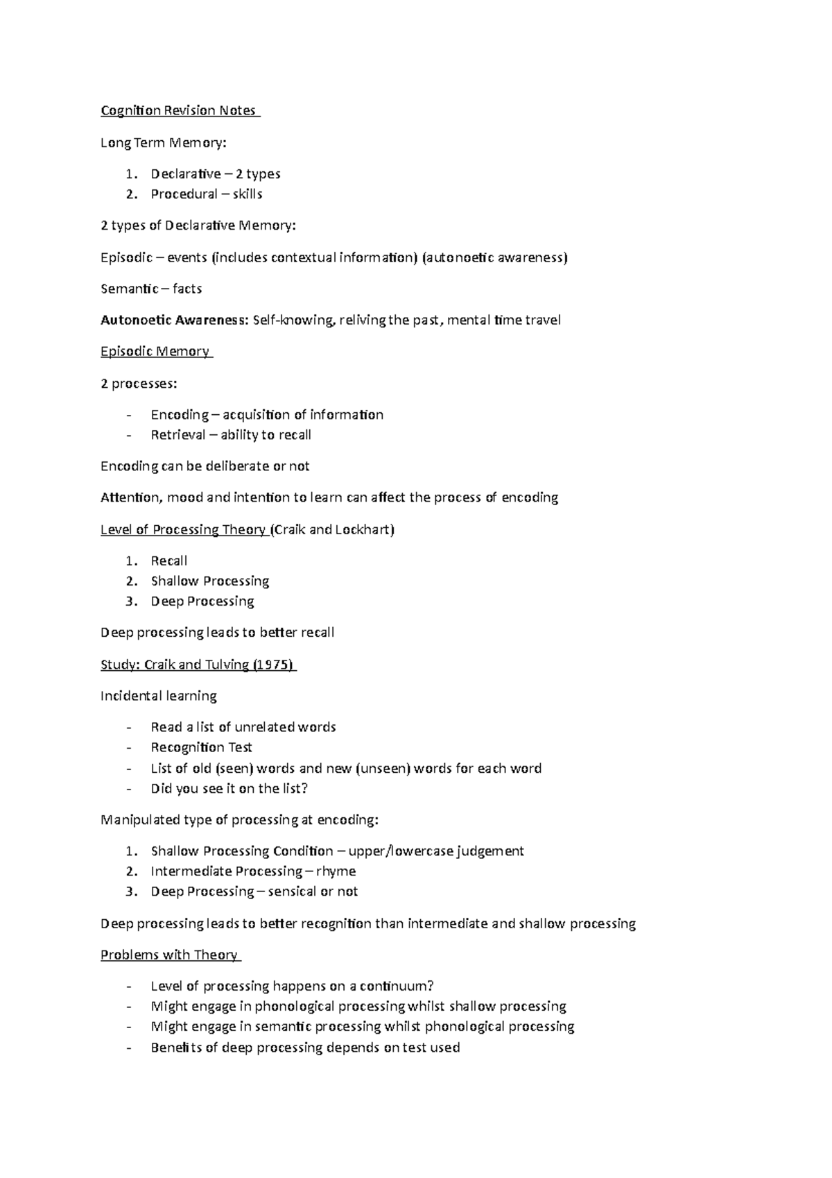 Cognition Revision Notes - Declarative – 2 types 2. Procedural – skills ...