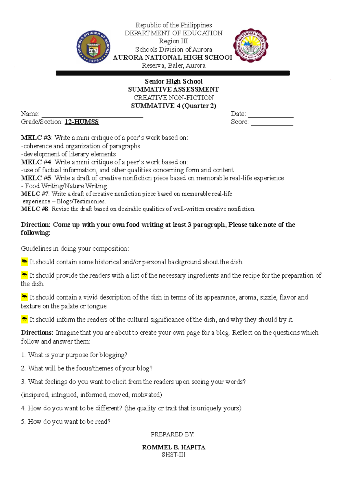 CNF Summative 1 Q2 4 - n short, creative nonfiction (CNF) is a form of ...