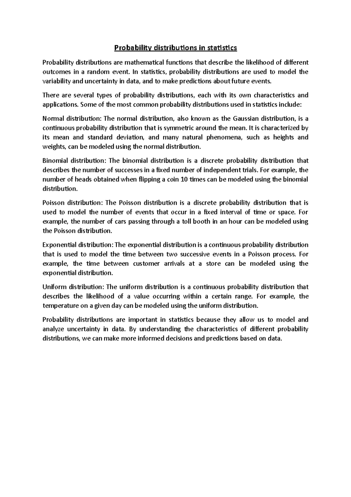 Probability distributions - In statistics, probability distributions are used to model the - Studocu