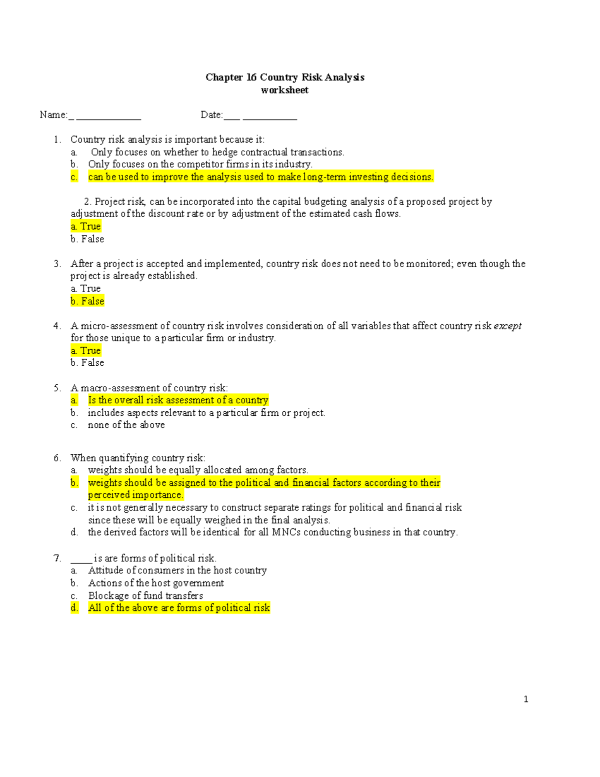 16 Country Risk worksheet - 1 Chapter 16 Country Risk Analysis ...