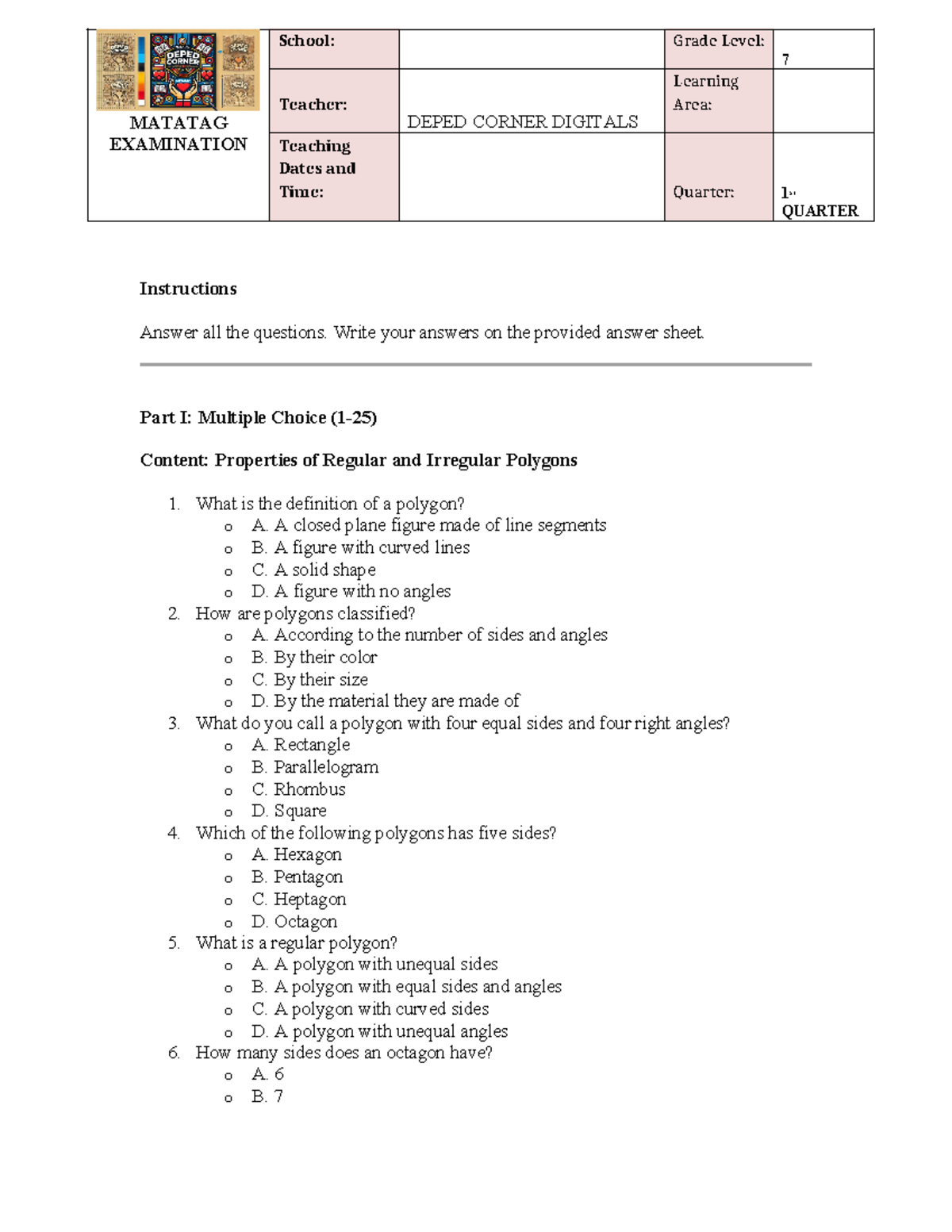 MATH 7 MATATAG FIRST PERIODICAL TEST - Instructions Answer all the ...