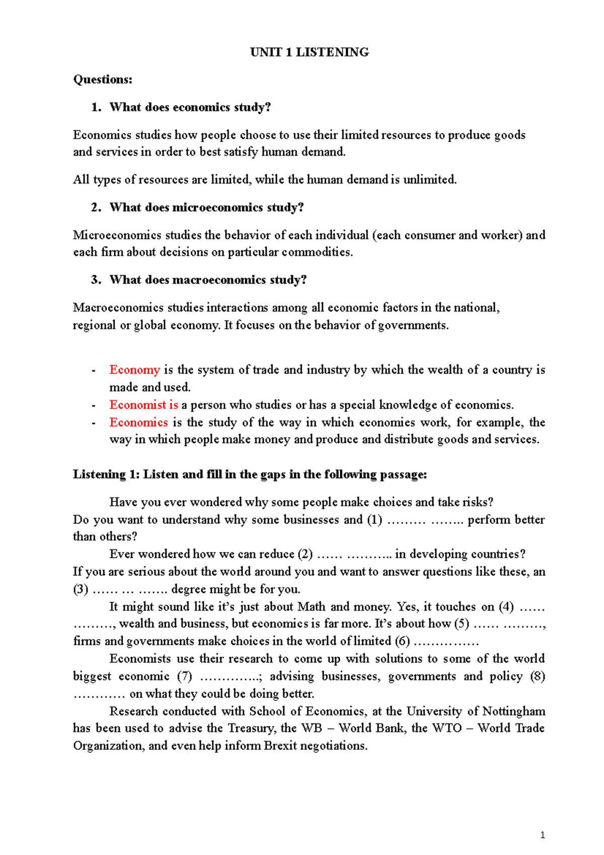 UNIT 1 Listening - Tiếng anh chuyên ngành 1 - UNIT 1 LISTENING ...
