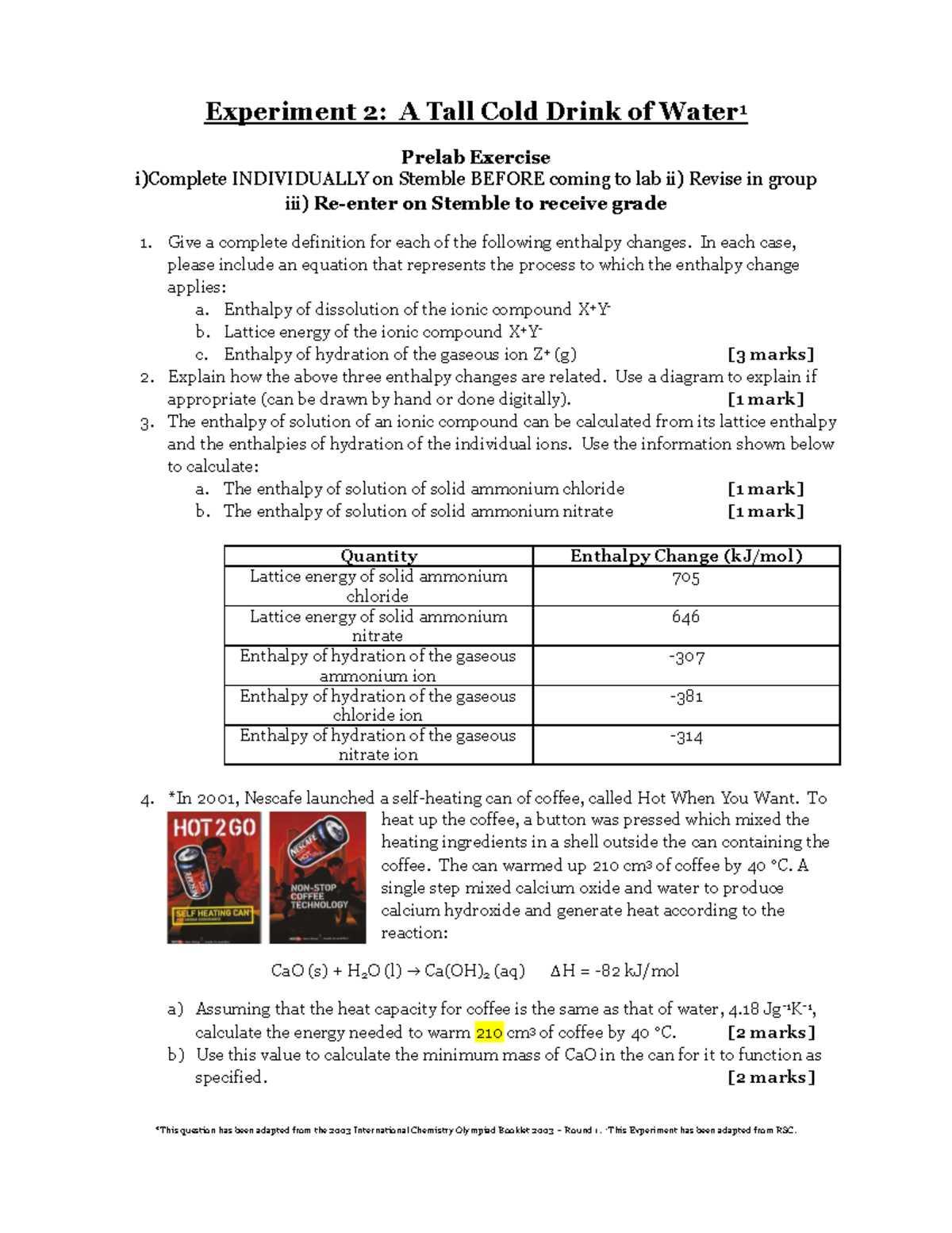 CHM 1311 Lab 2 Exercise - Experiment 2 : A Tall Cold Drink of Water 1 ...