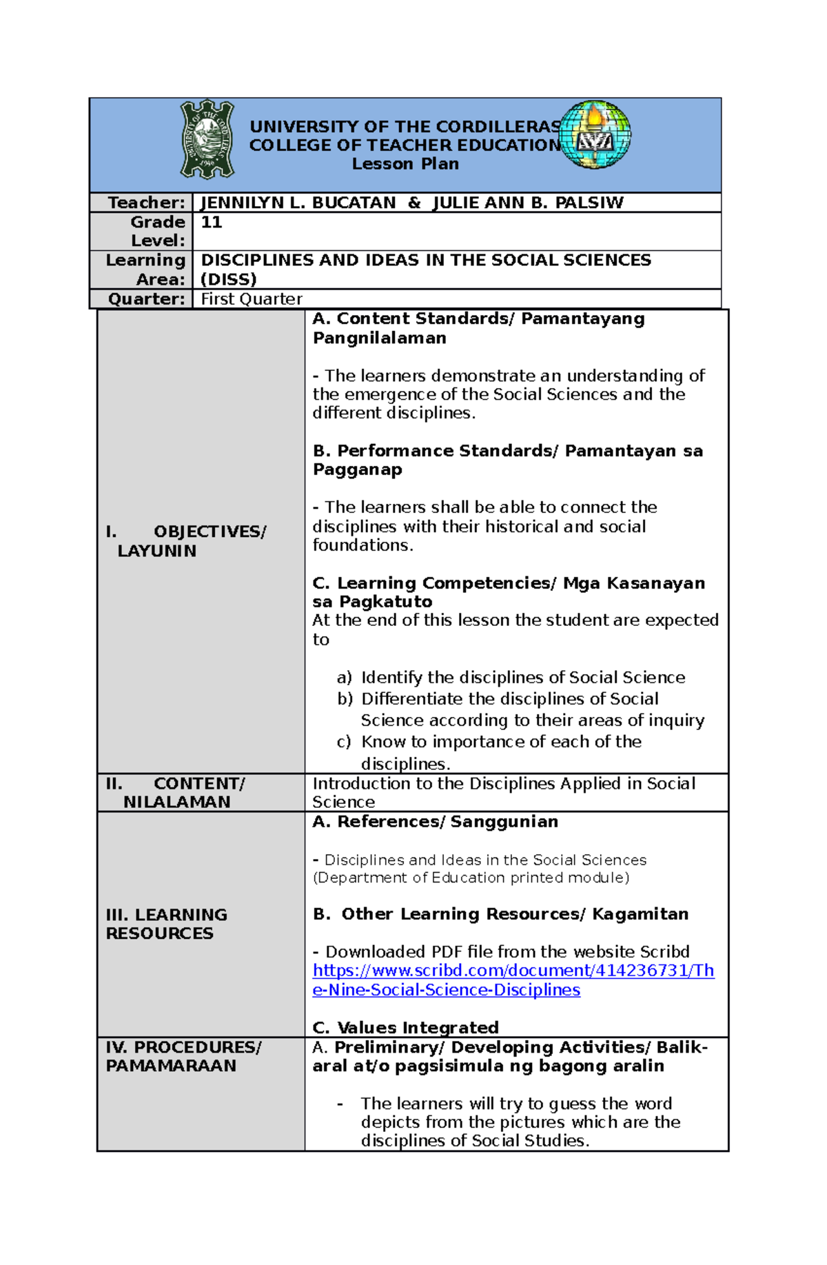 Teaching Lesson in Social Studies - UNIVERSITY OF THE CORDILLERAS ...