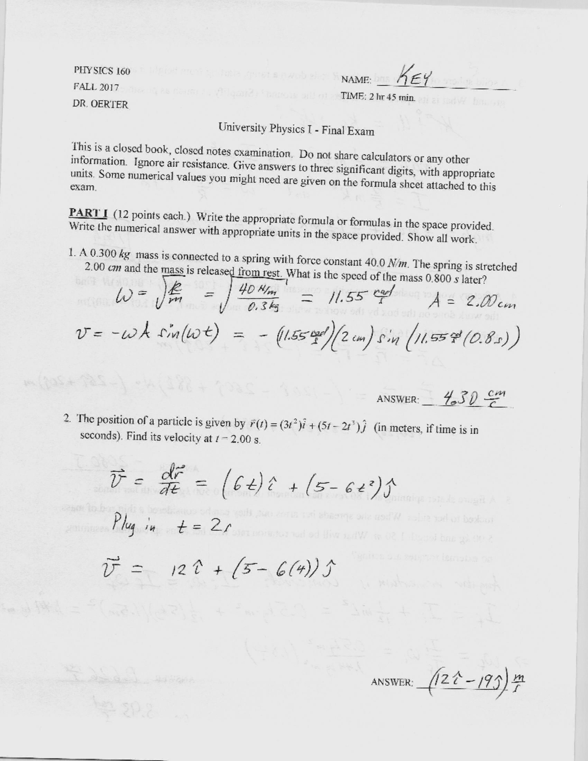 Final Physics 1 - exam practice - f , PHYSICS 160 NAME: K5 7 FALL 2017 ...