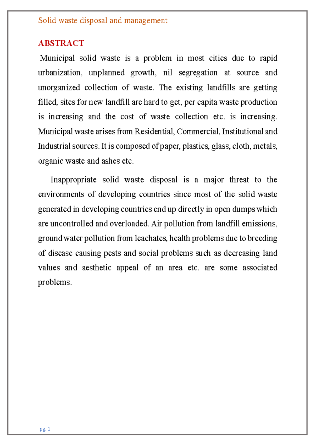 Solid waste disposal - ntg to say - ABSTRACT Municipal solid waste is a ...