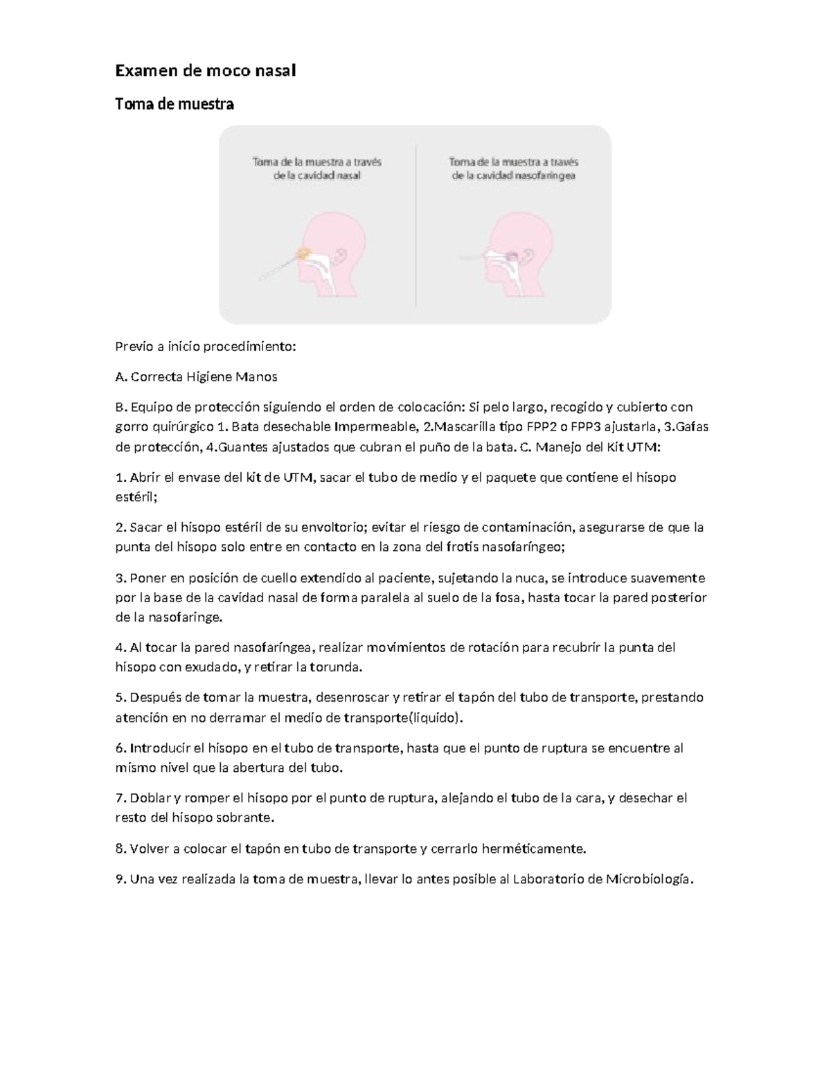 Examen de moco nasal - hola - Examen de moco nasal Toma de muestra Previo a inicio procedimiento ...