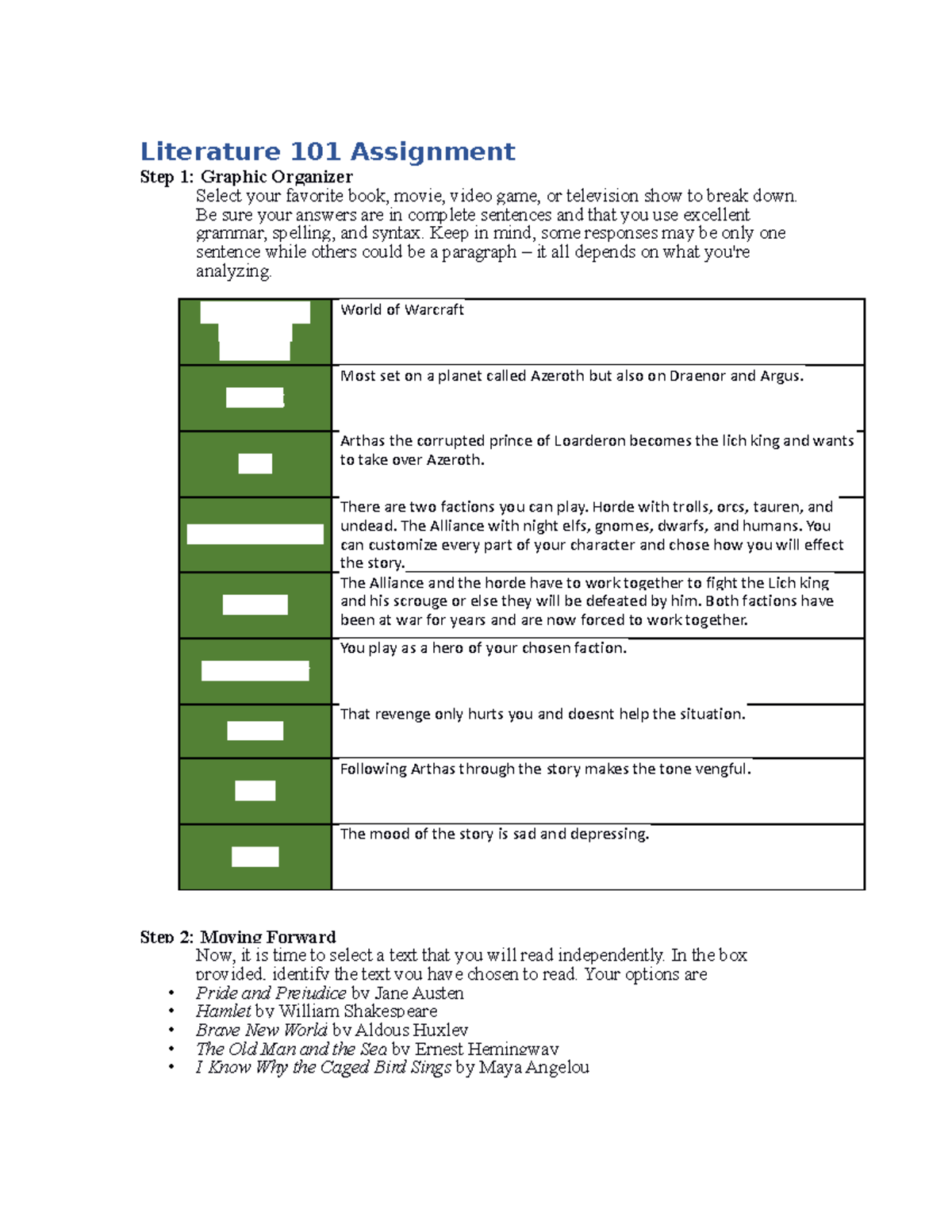 02 01 literature 101 - flvs - Literature 101 Assignment Step 1: Graphic ...
