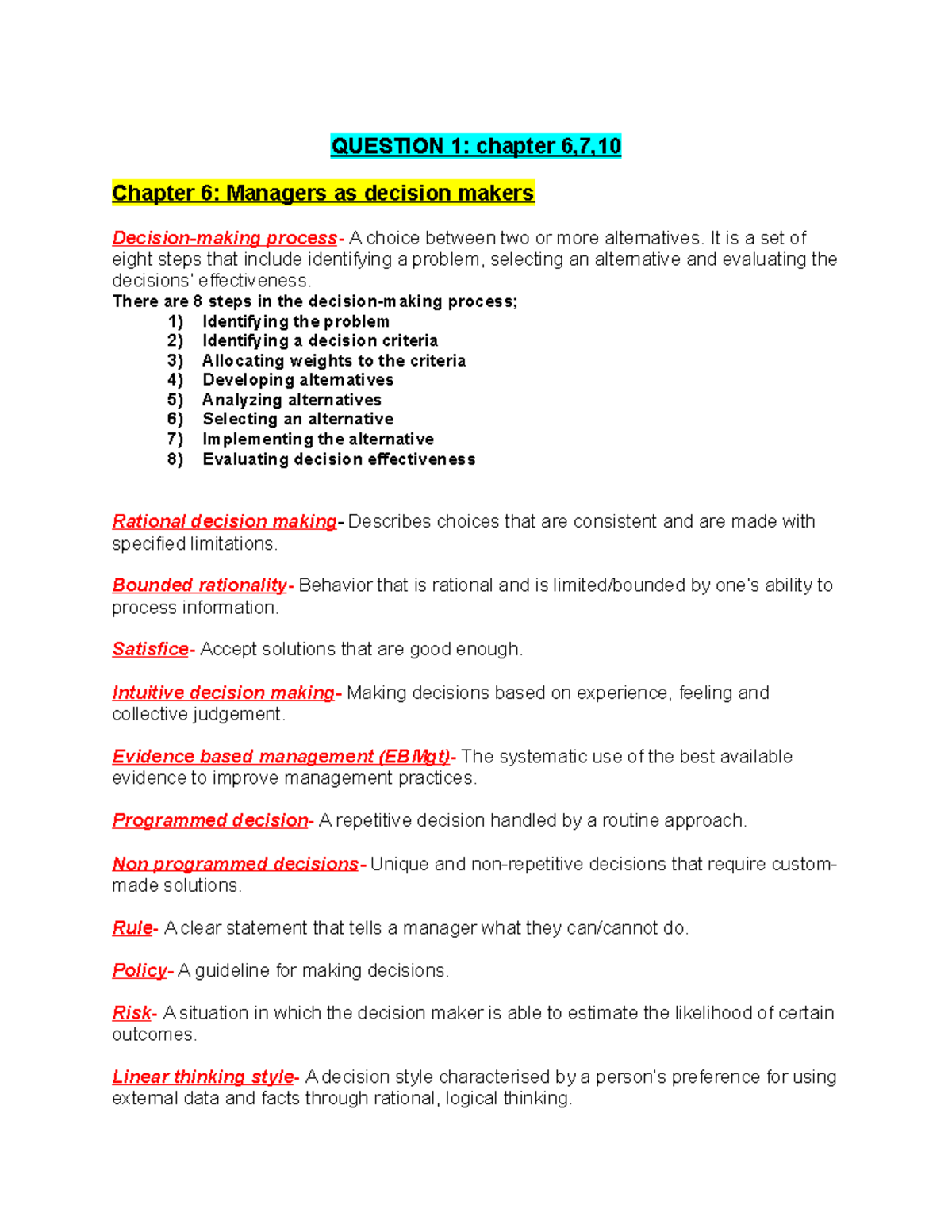 Exam definitions - definiitons - QUESTION 1: chapter 6,7, Chapter 6 ...