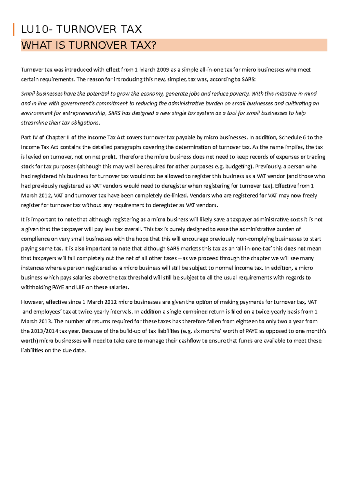 LU10 - Turnover TAX - Summary Principles of Taxation - LU10- TURNOVER ...