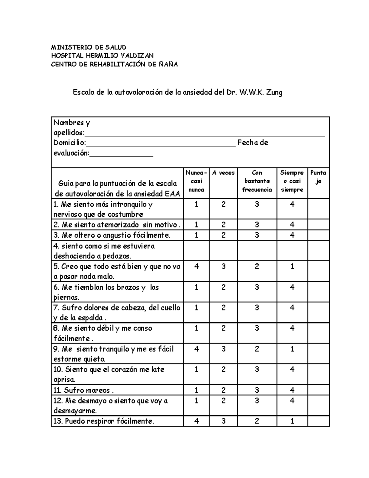 Calificacion de la Escala de Ansiedad de - MINISTERIO DE SALUD HOSPITAL ...
