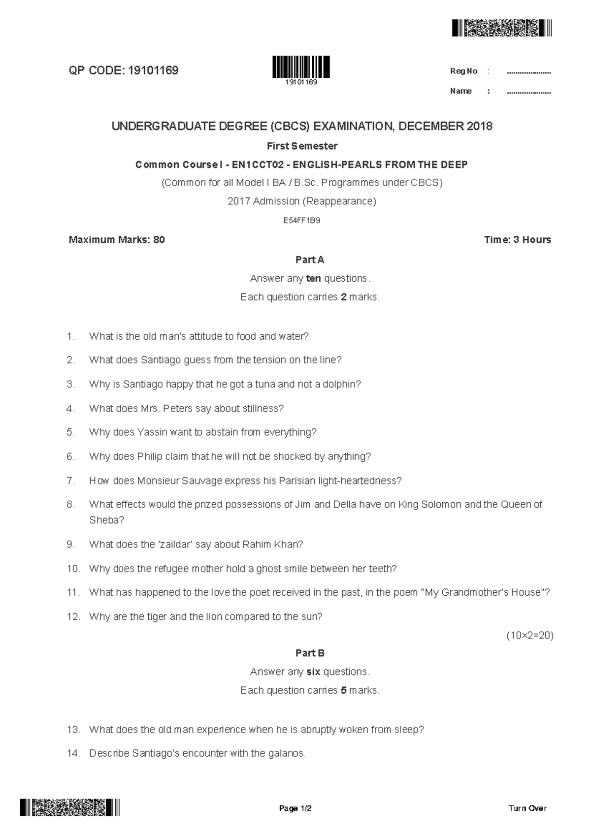 Literature and language - QP CODE: 19101169 Reg No : ..................... Name : - Studocu