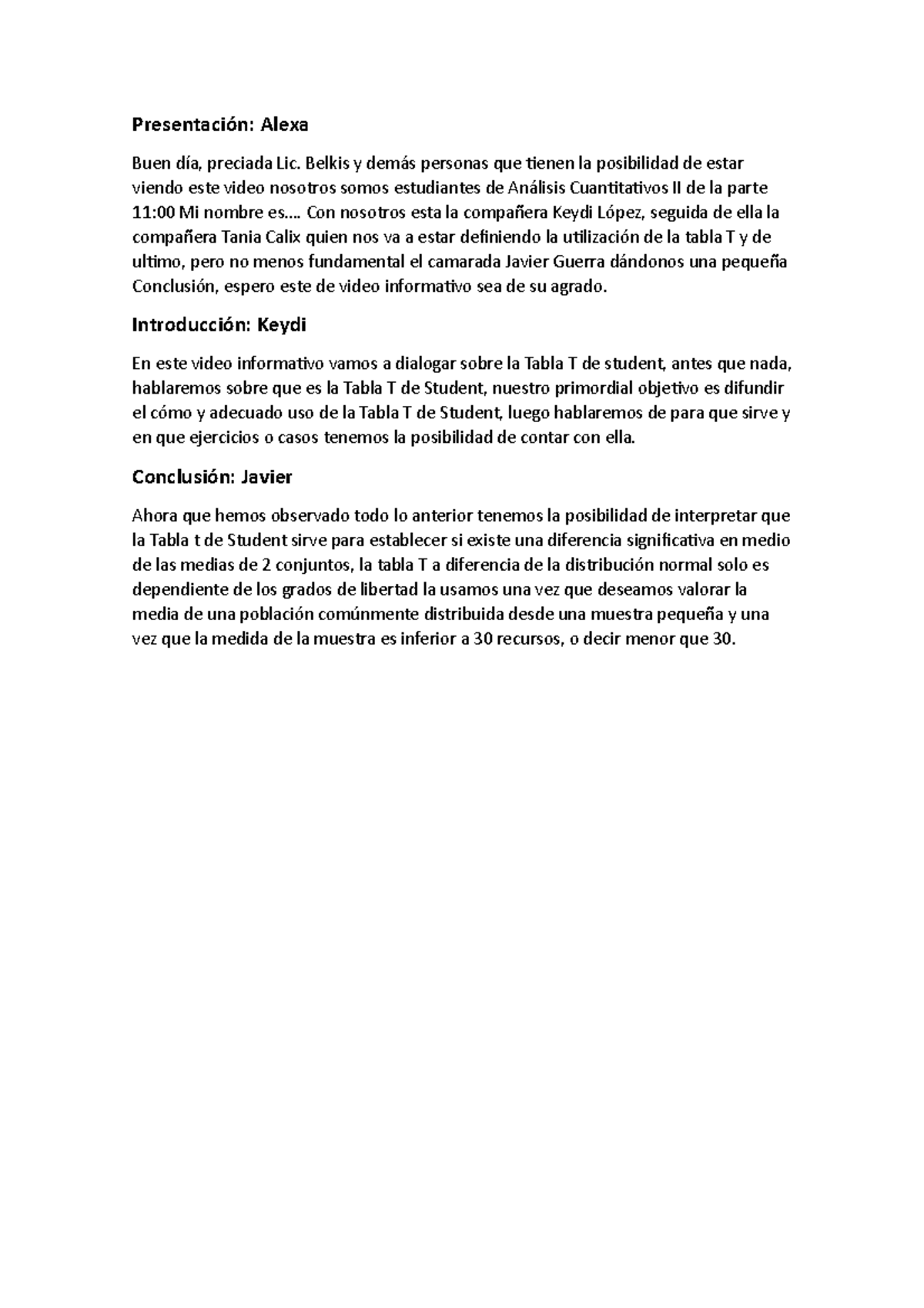 Tabla T - vvv - Presentación: Alexa Buen día, preciada Lic. Belkis y ...