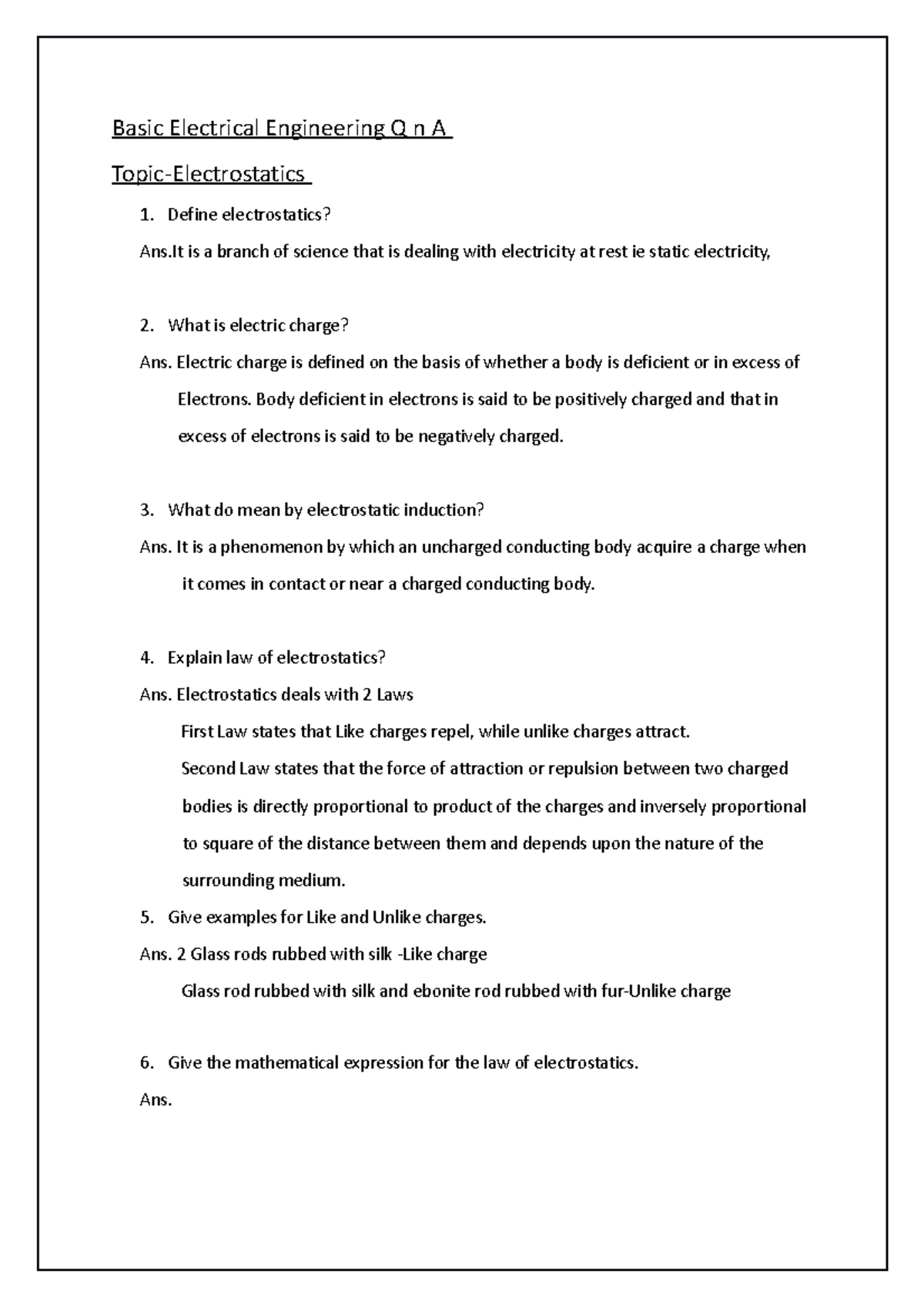 Electrical engineering Q n A-Electrostatics - Basic Electrical Engineering Q n A - Studocu