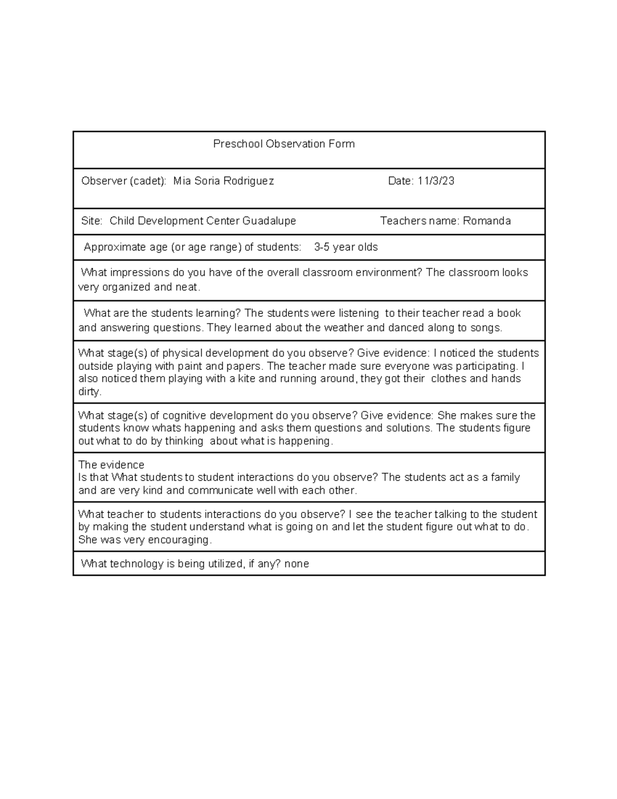 Preschool Observation Form - Preschool Observation Form Observer (cadet ...