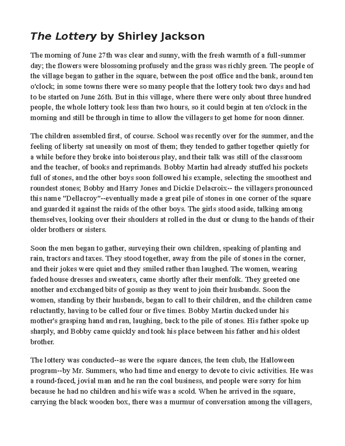 The Lottery by Shirley Jackson - Group 2 - The Lottery by Shirley ...