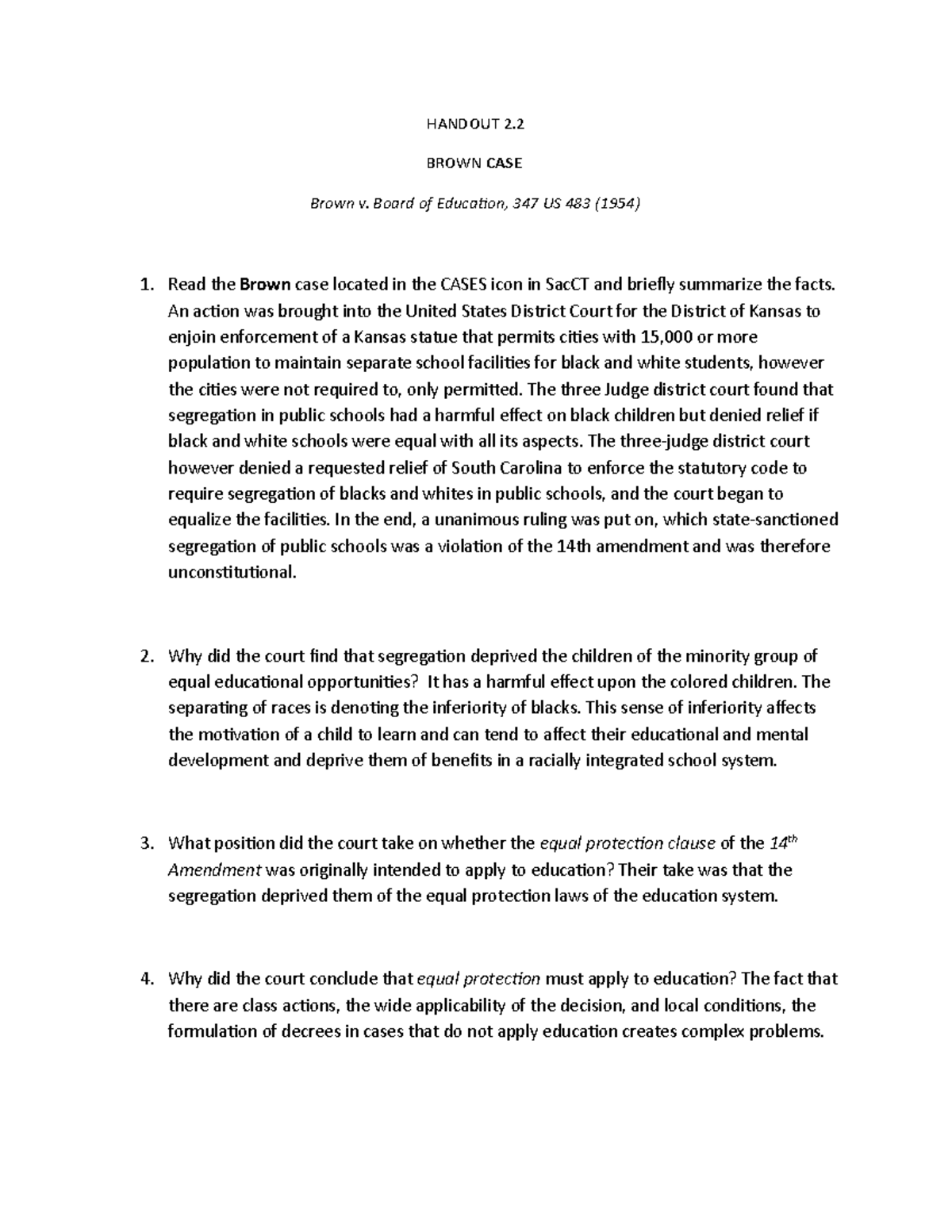Crj 121 brown v board - HANDOUT 2. BROWN CASE Brown v. Board of ...
