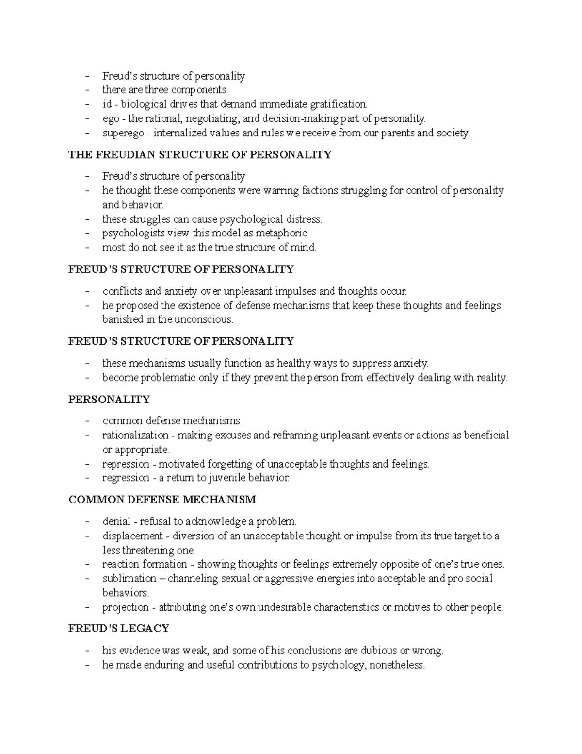 Approaches TO Personality Notes 4 - Freud’s structure of personality ...