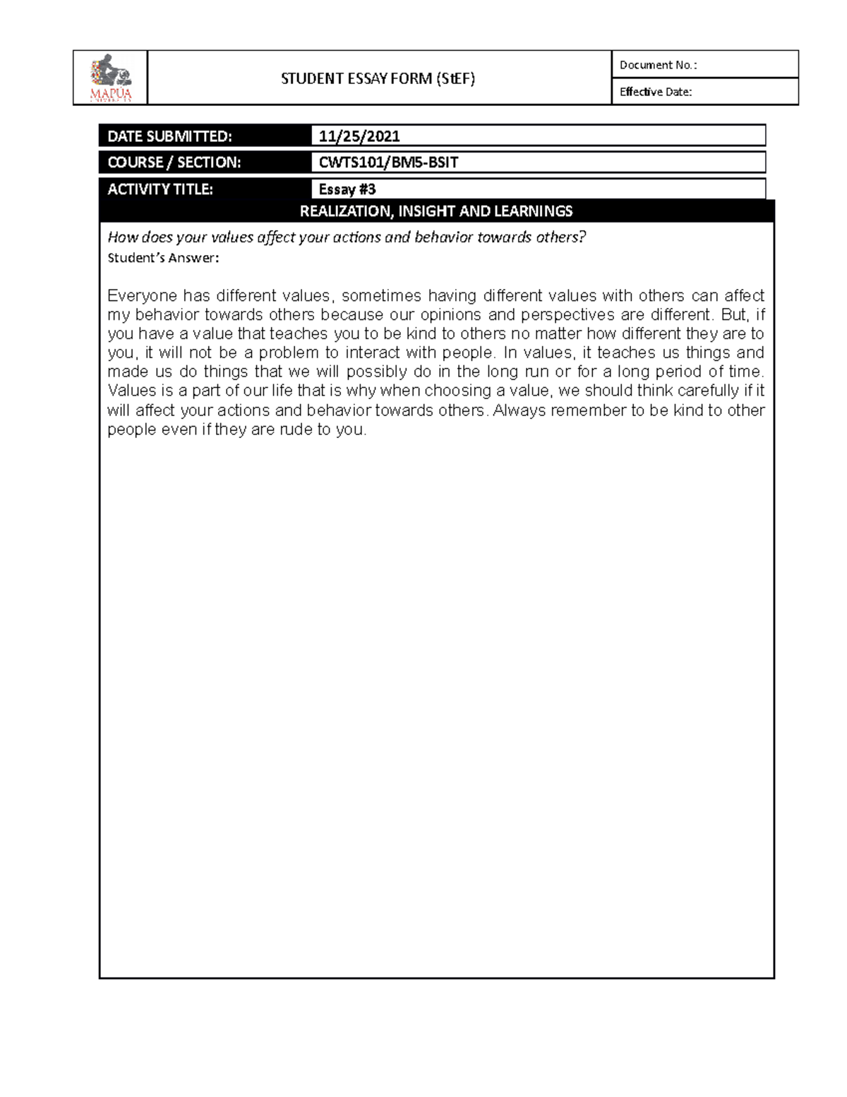 CWTS Section - asdadsa - STUDENT ESSAY FORM (StEF) Document No ...