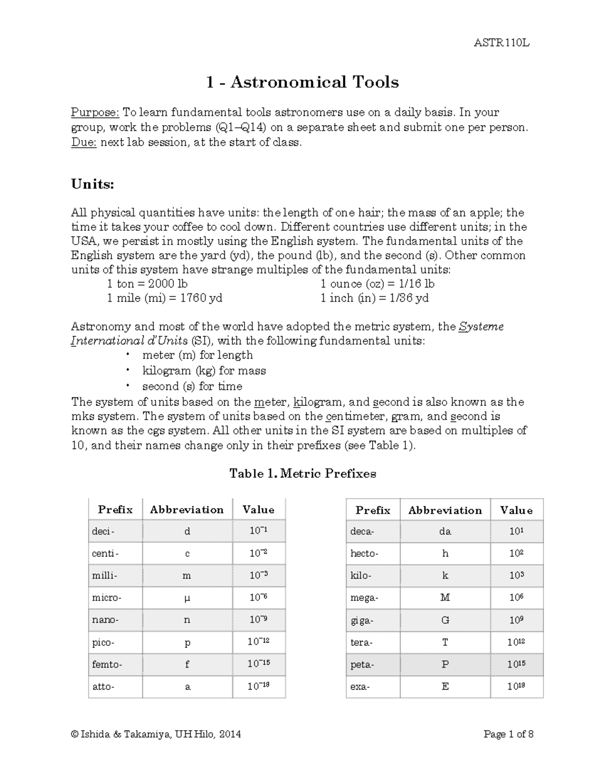 01 Astronomical Tools - Lab - 1 - Astronomical Tools Purpose: To learn ...