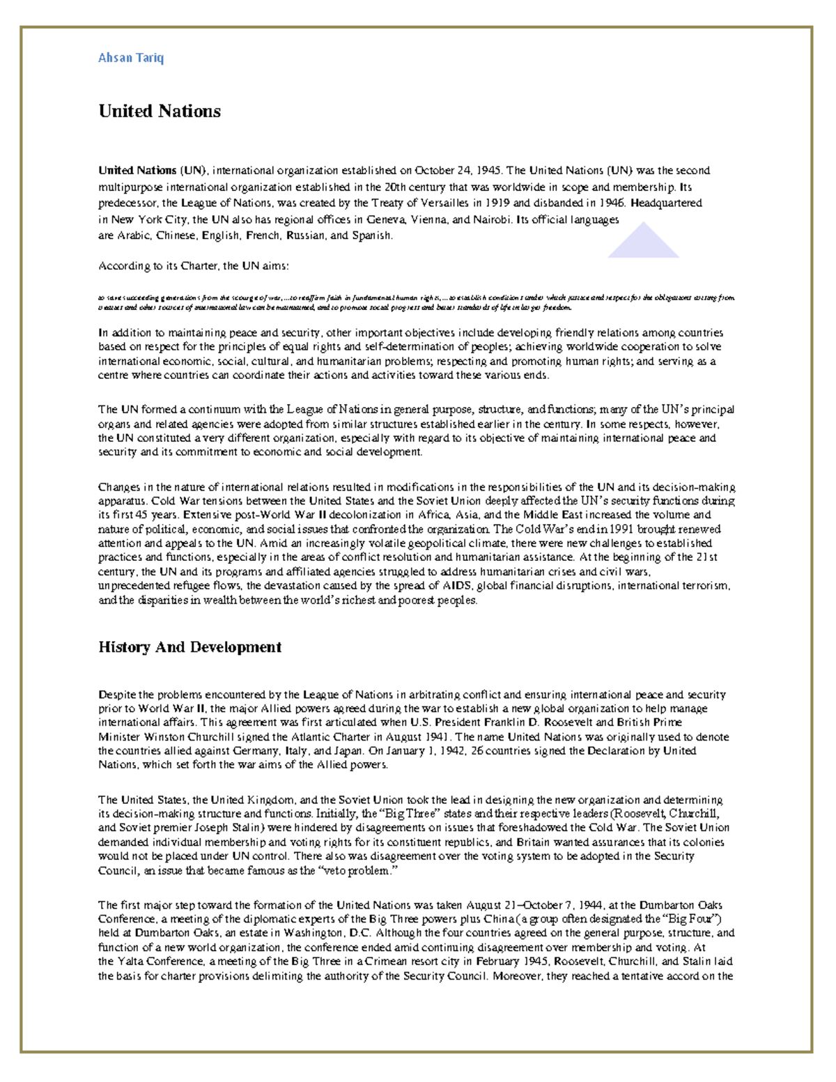 United Nations Notes by Ahsan - United Nations United Nations (UN ...