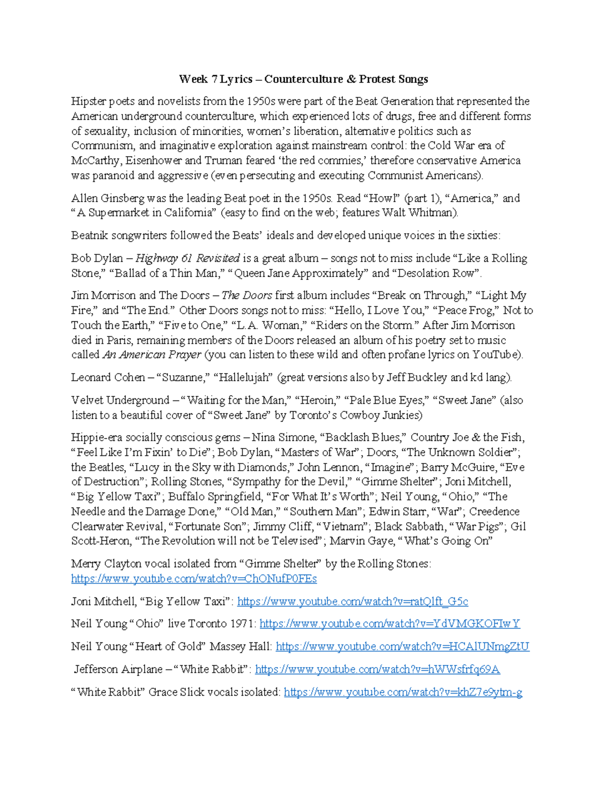Week 7 - Counterculture and Protest - Week 7 Lyrics – Counterculture ...