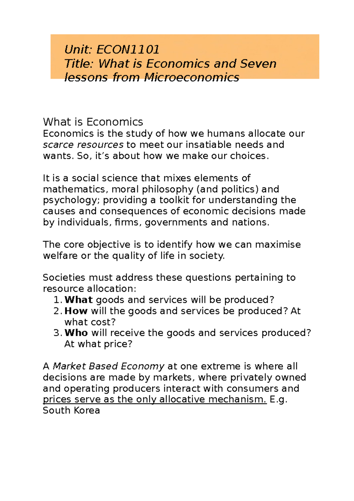 What is economics and lessons - Unit: ECON Title: What is Economics and ...
