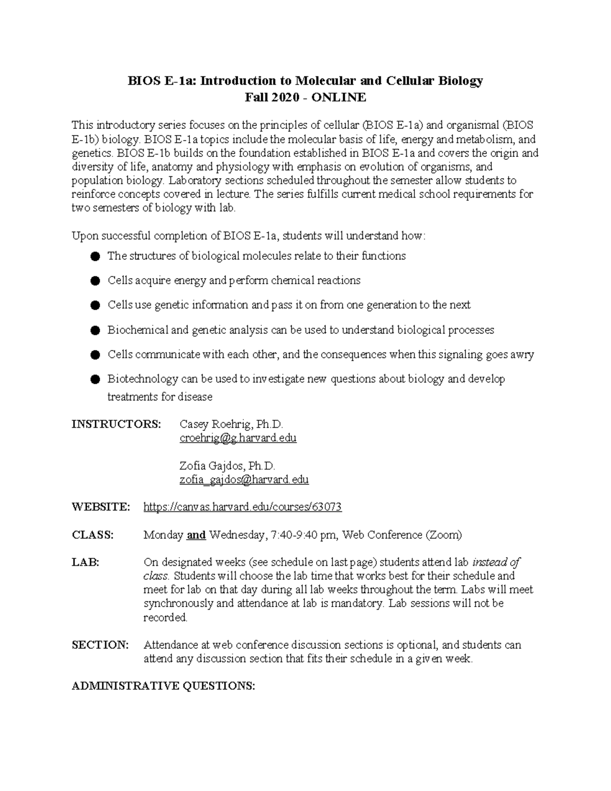 BIOS E-1a syllabus FALL 2020 - BIOS E-1a: Introduction to Molecular and ...
