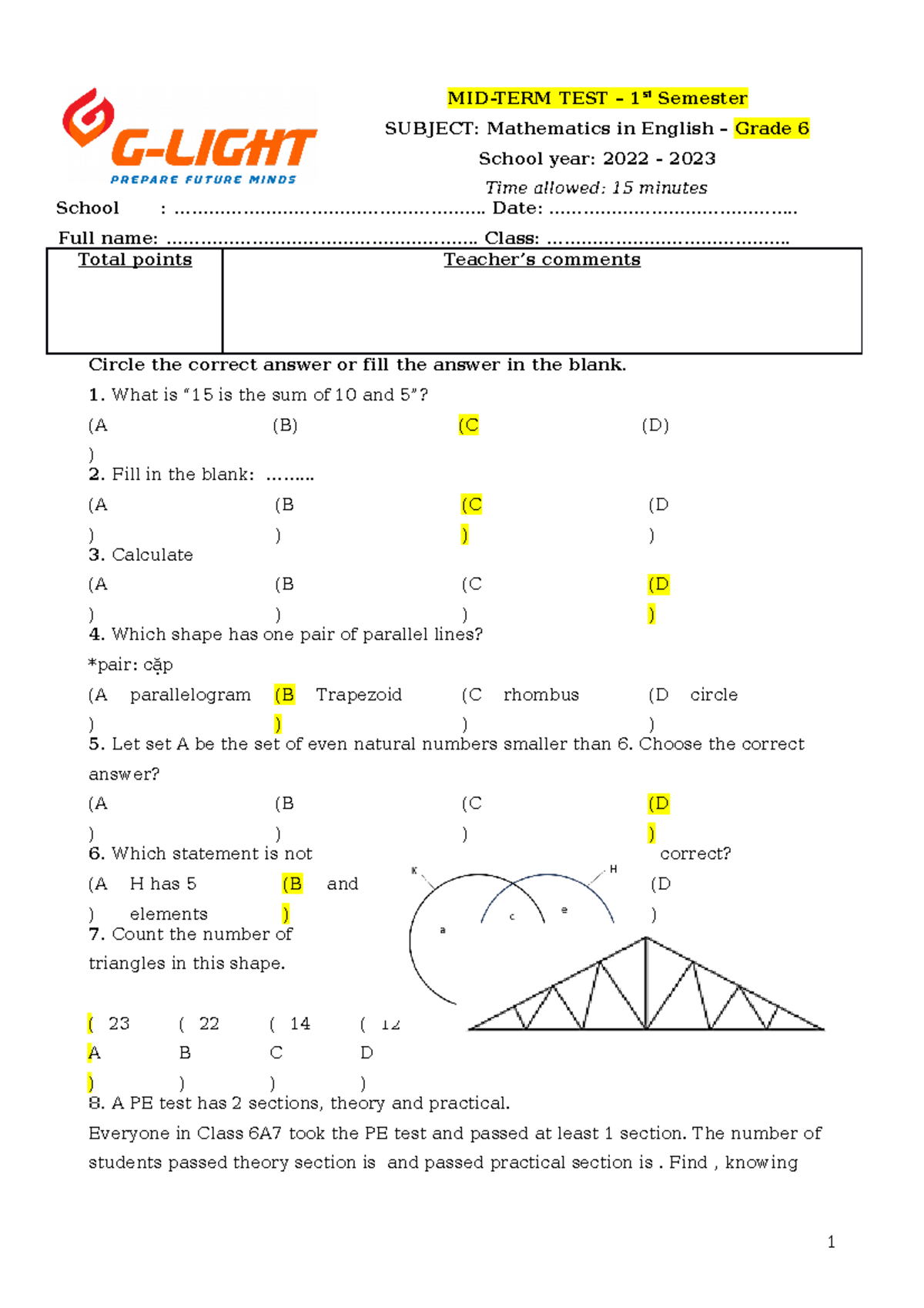 NTL - Class 6 - Math in English test - MID-TERM TEST – 1st Semester ...