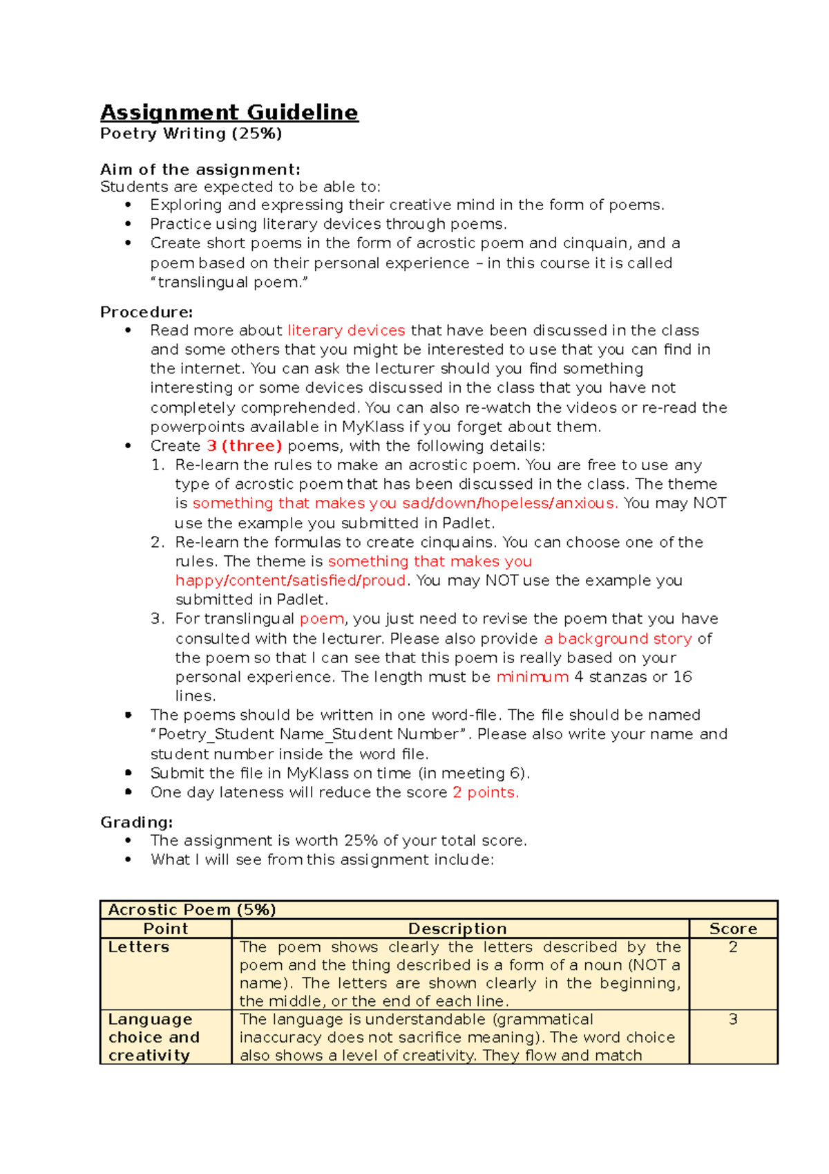 Assessment Guideline Poetry - Assignment Guideline Poetry Writing (25% ...
