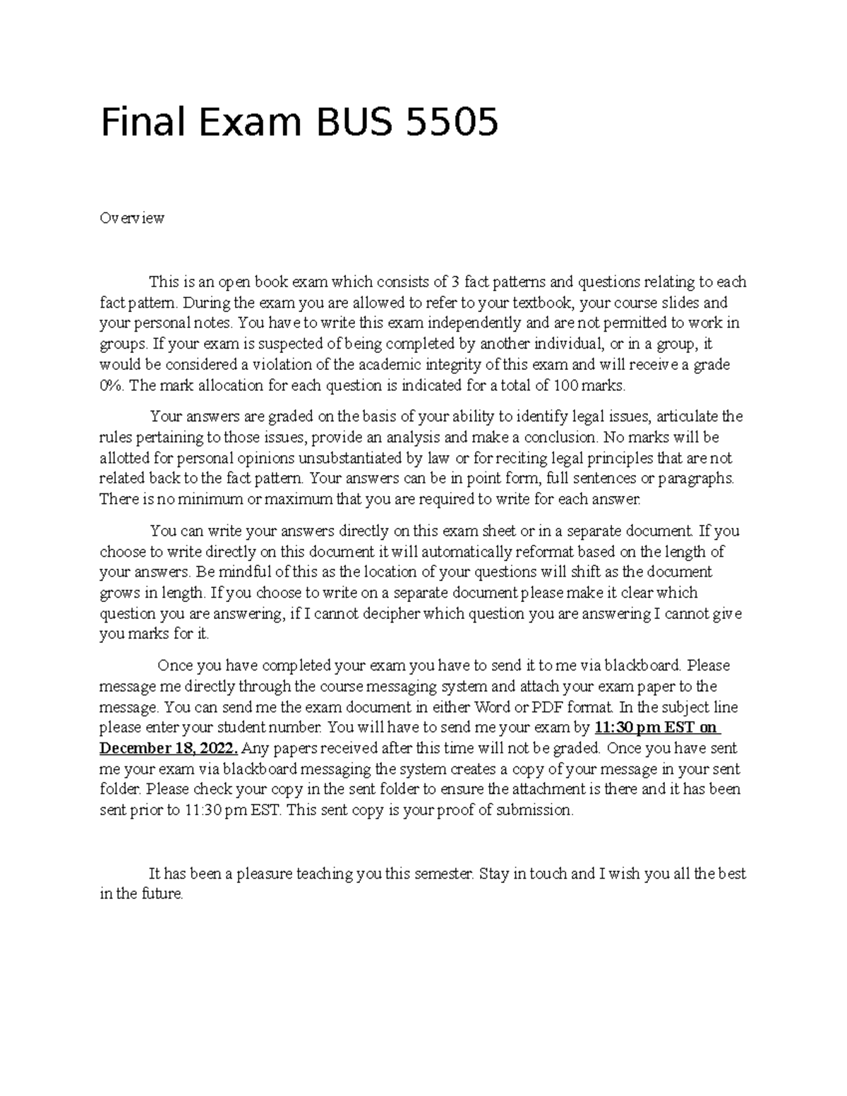 Final Exam BUS 5505 Dec. 2022 - Final Exam BUS 5505 Overview This is an ...