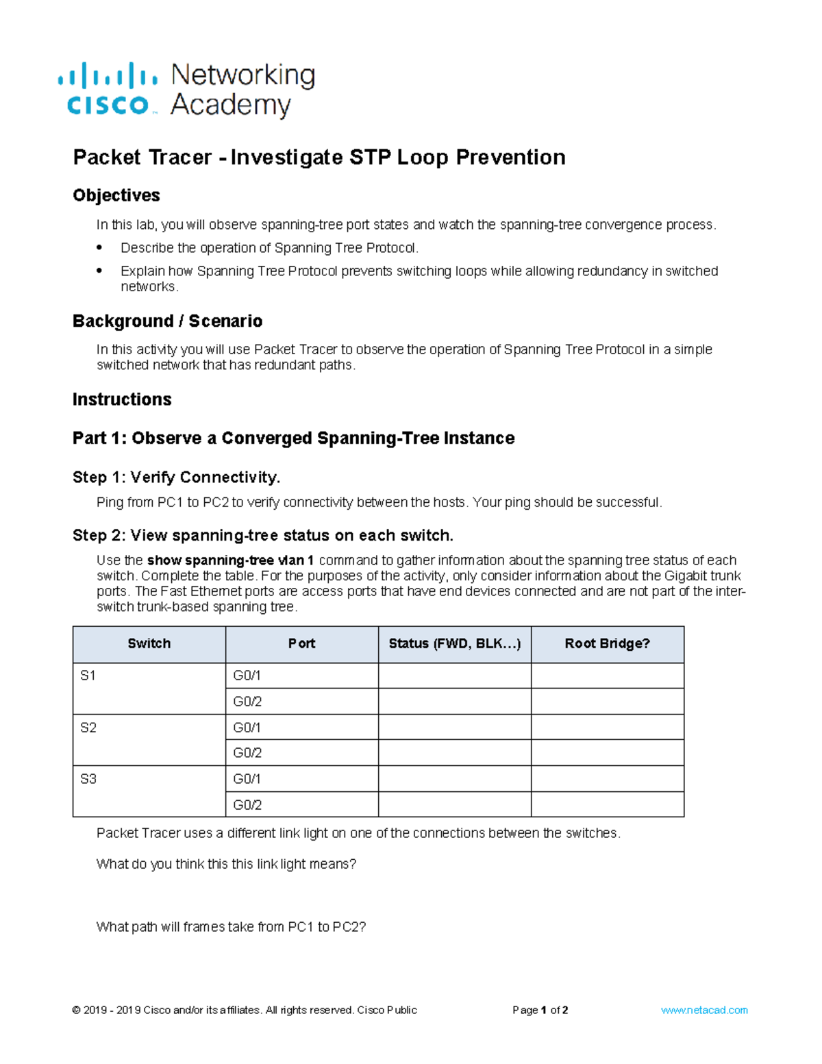 5.1.9 Packet Tracer - Investigate STP Loop Prevention - Packet Tracer - Investigate STP Loop ...