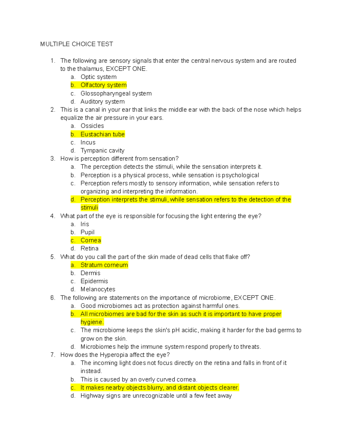 Sense Organ - MULTIPLE CHOICE TEST The following are sensory signals ...
