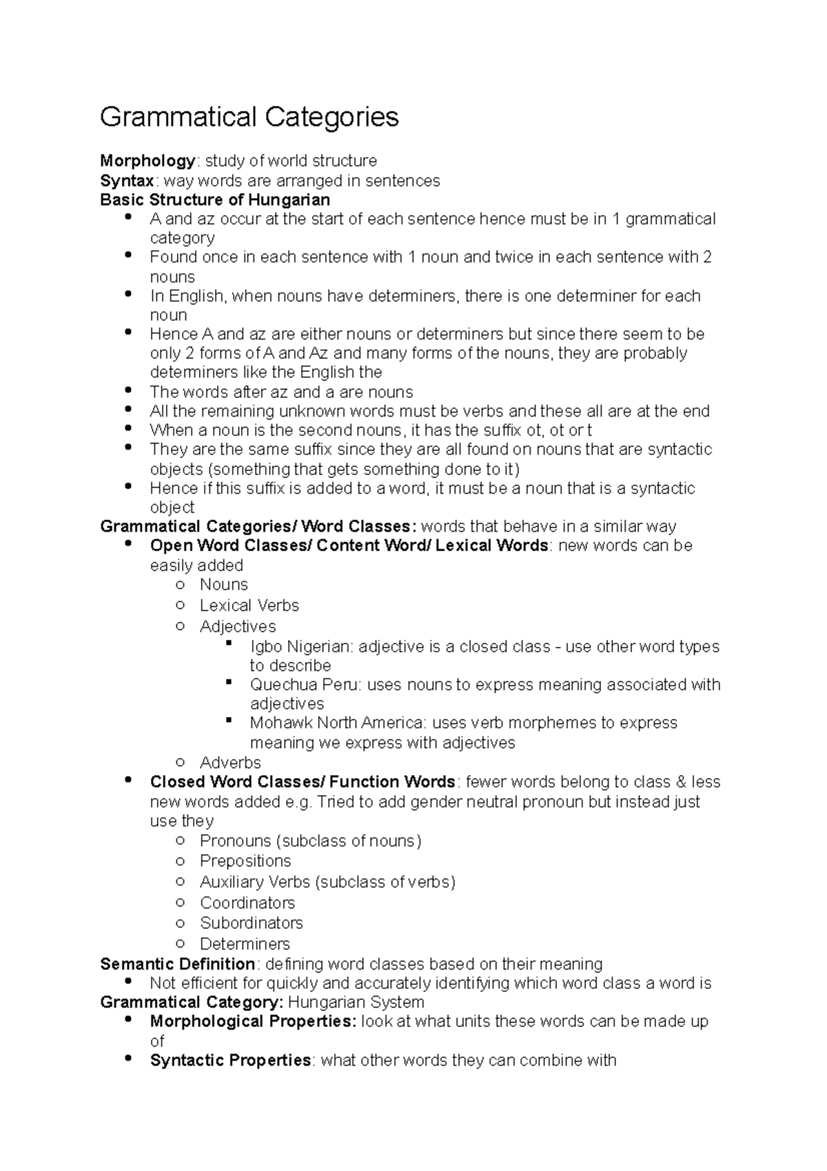 LING1000 Week 2 Grammatical Categories Lecture Notes - Grammatical ...